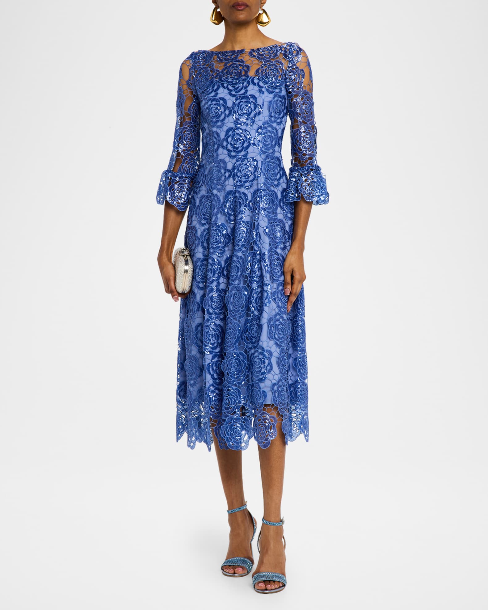 Talbot Runhof Paillette Rose Lace 3/4-Sleeve Midi Dress | Neiman Marcus