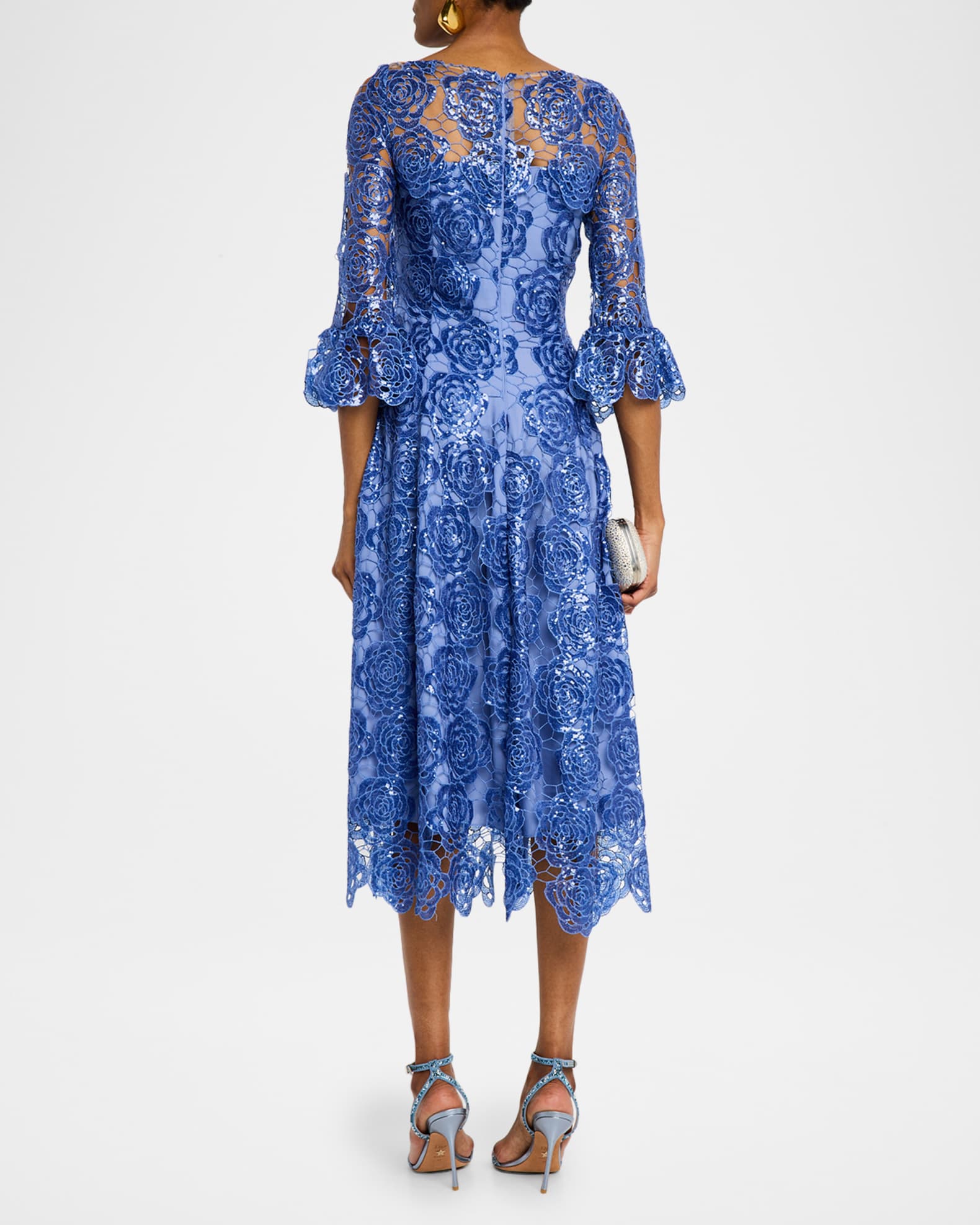 Talbot Runhof Paillette Rose Lace 3/4-Sleeve Midi Dress | Neiman Marcus