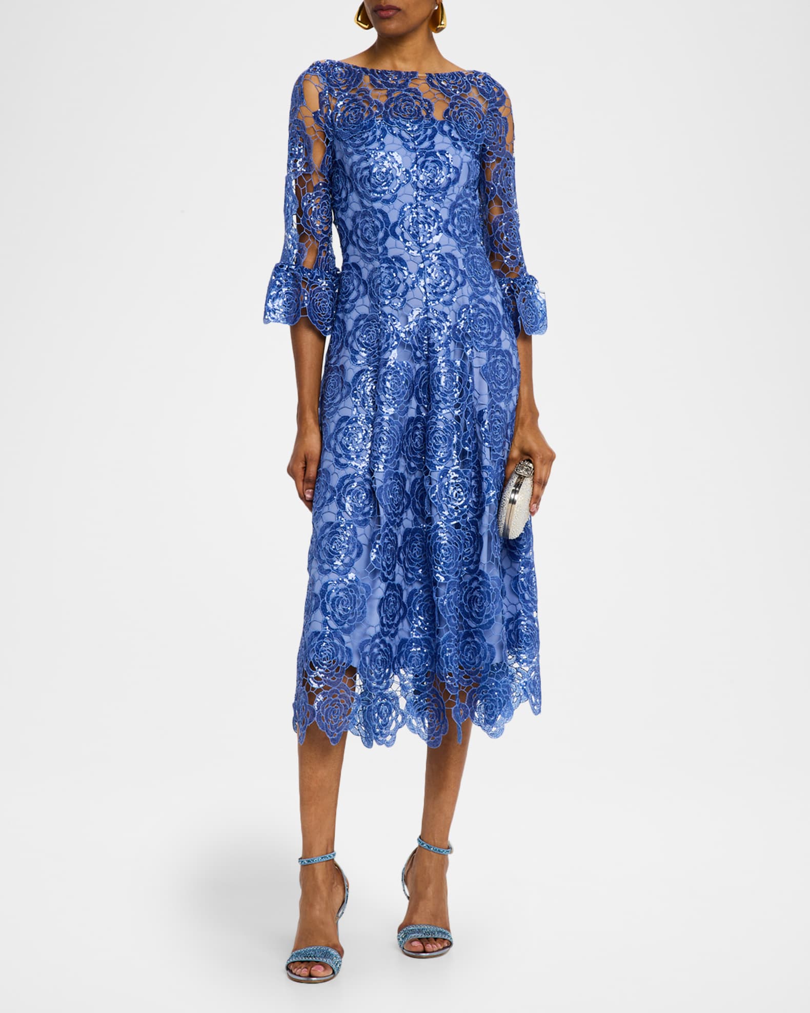 Talbot Runhof Paillette Rose Lace 3/4-Sleeve Midi Dress | Neiman Marcus