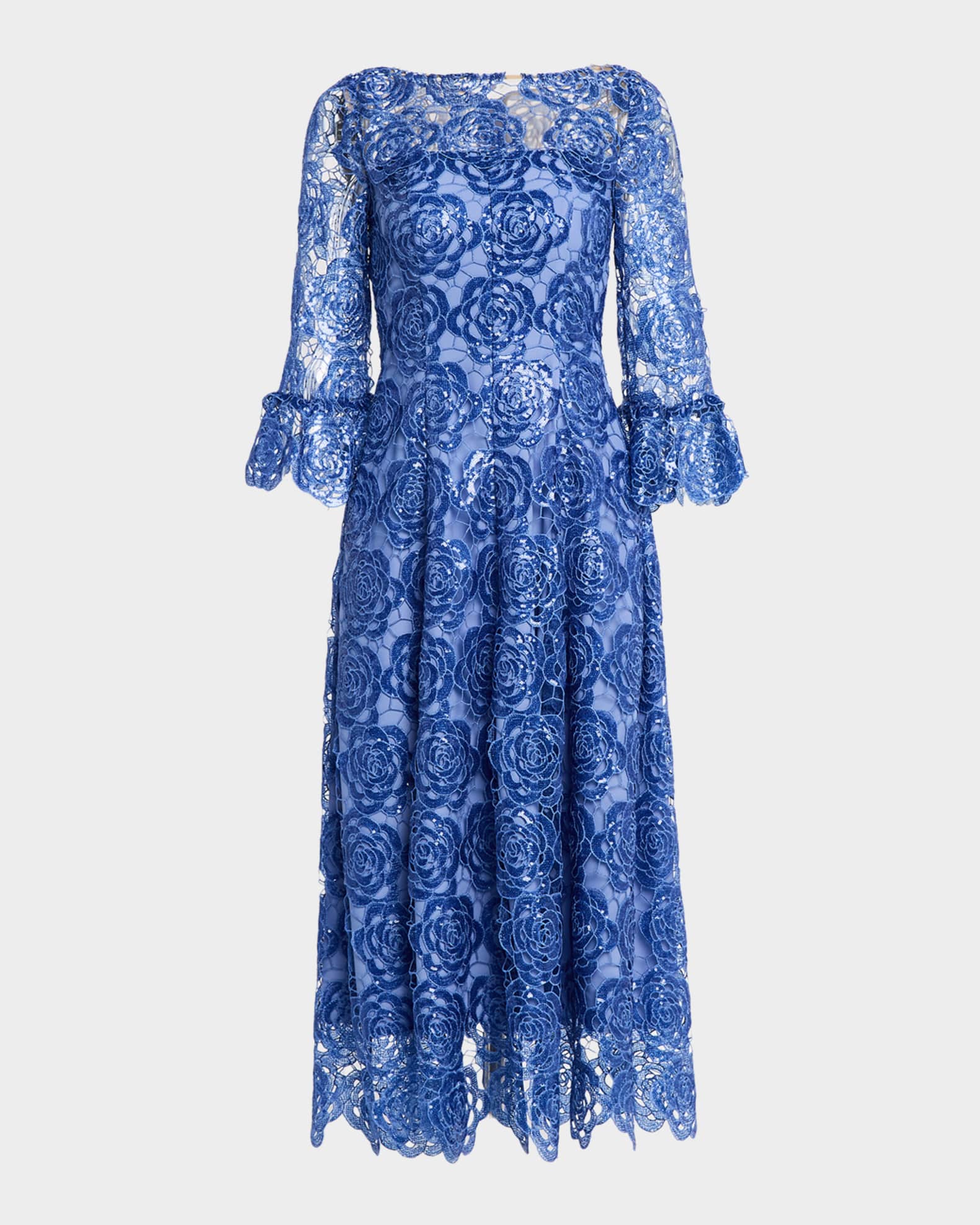 Talbot Runhof Paillette Rose Lace 3/4-Sleeve Midi Dress | Neiman Marcus