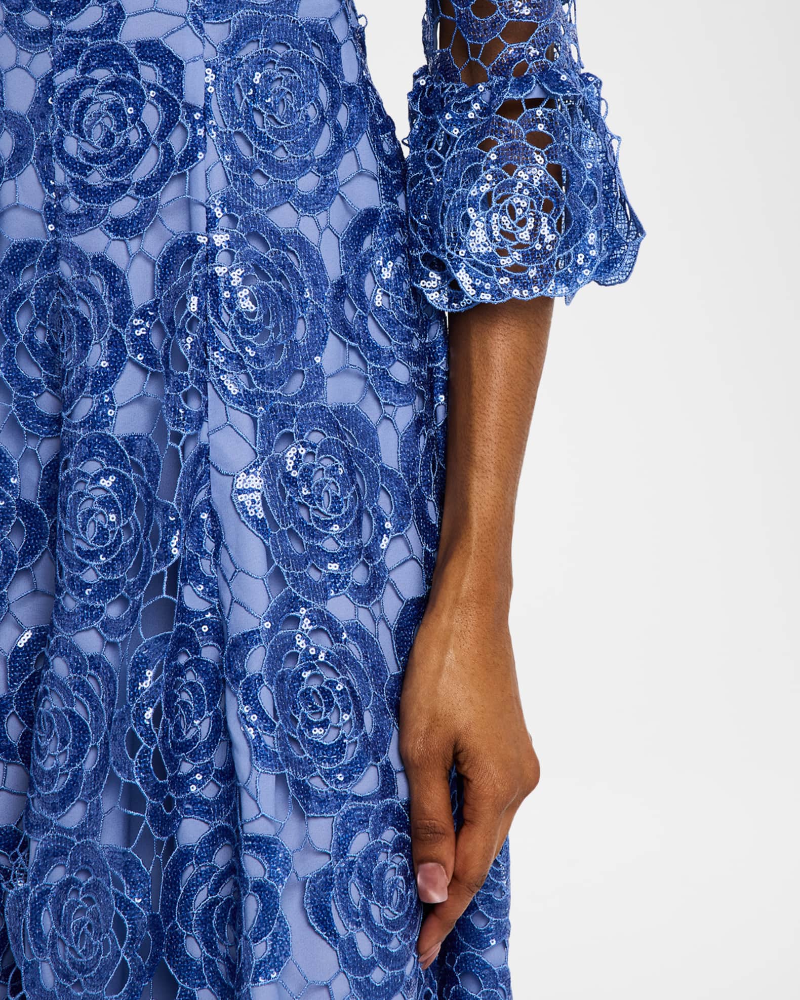 Talbot Runhof Paillette Rose Lace 3/4-Sleeve Midi Dress | Neiman Marcus