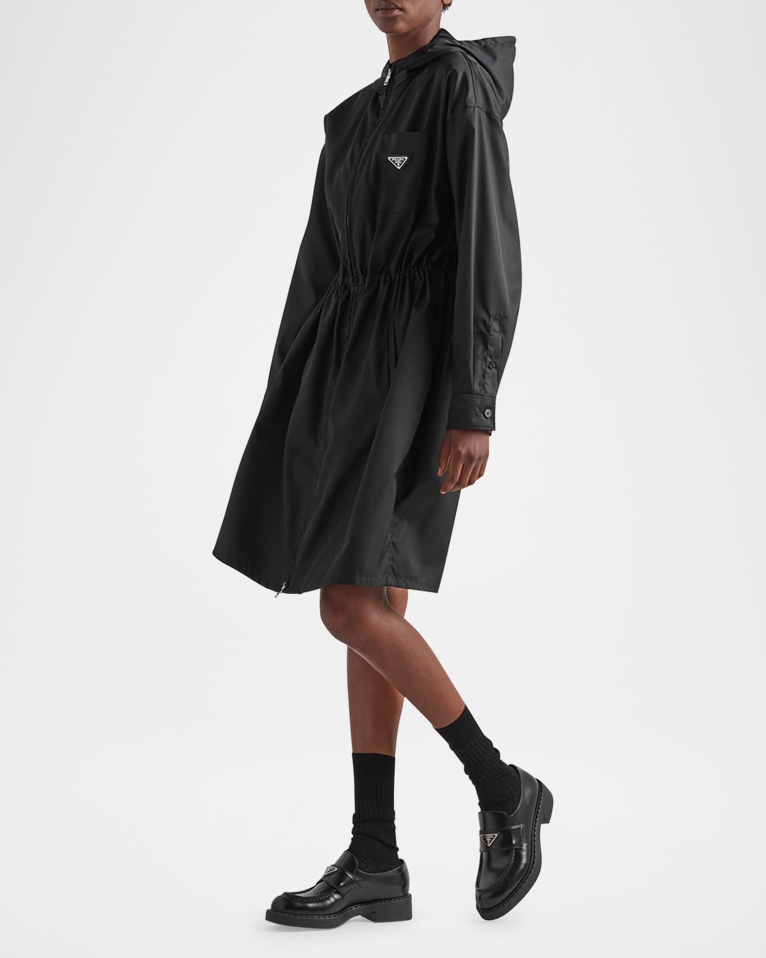Prada Re-Nylon Cinched Hooded Raincoat | Neiman Marcus