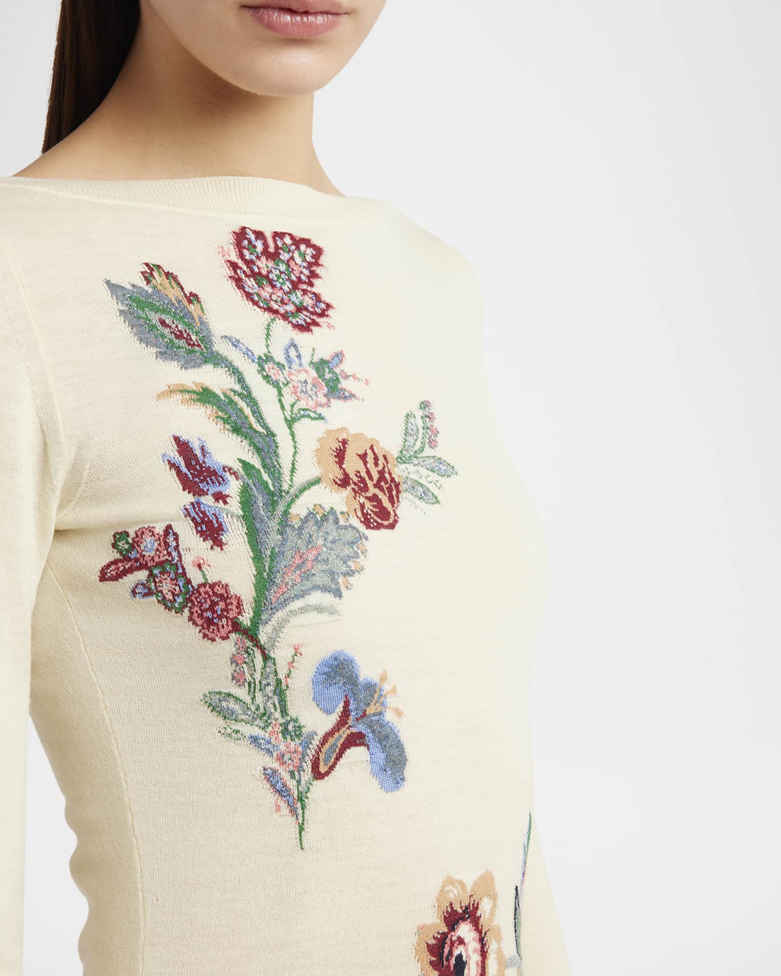 Etro Boat-Neck Floral Linen Knit Sweater | Neiman Marcus