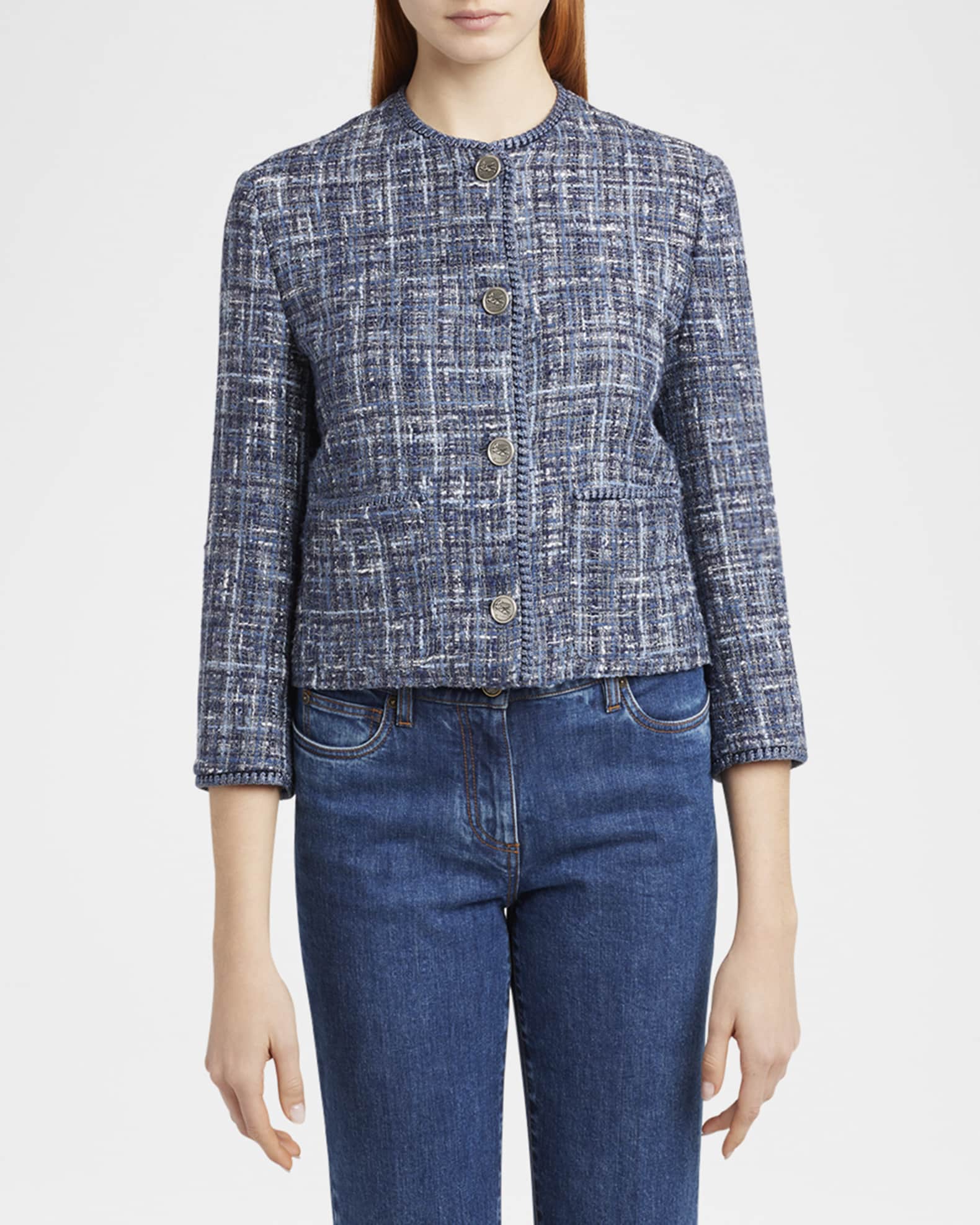 Etro Single-Breasted Tweed Crop Jacket | Neiman Marcus