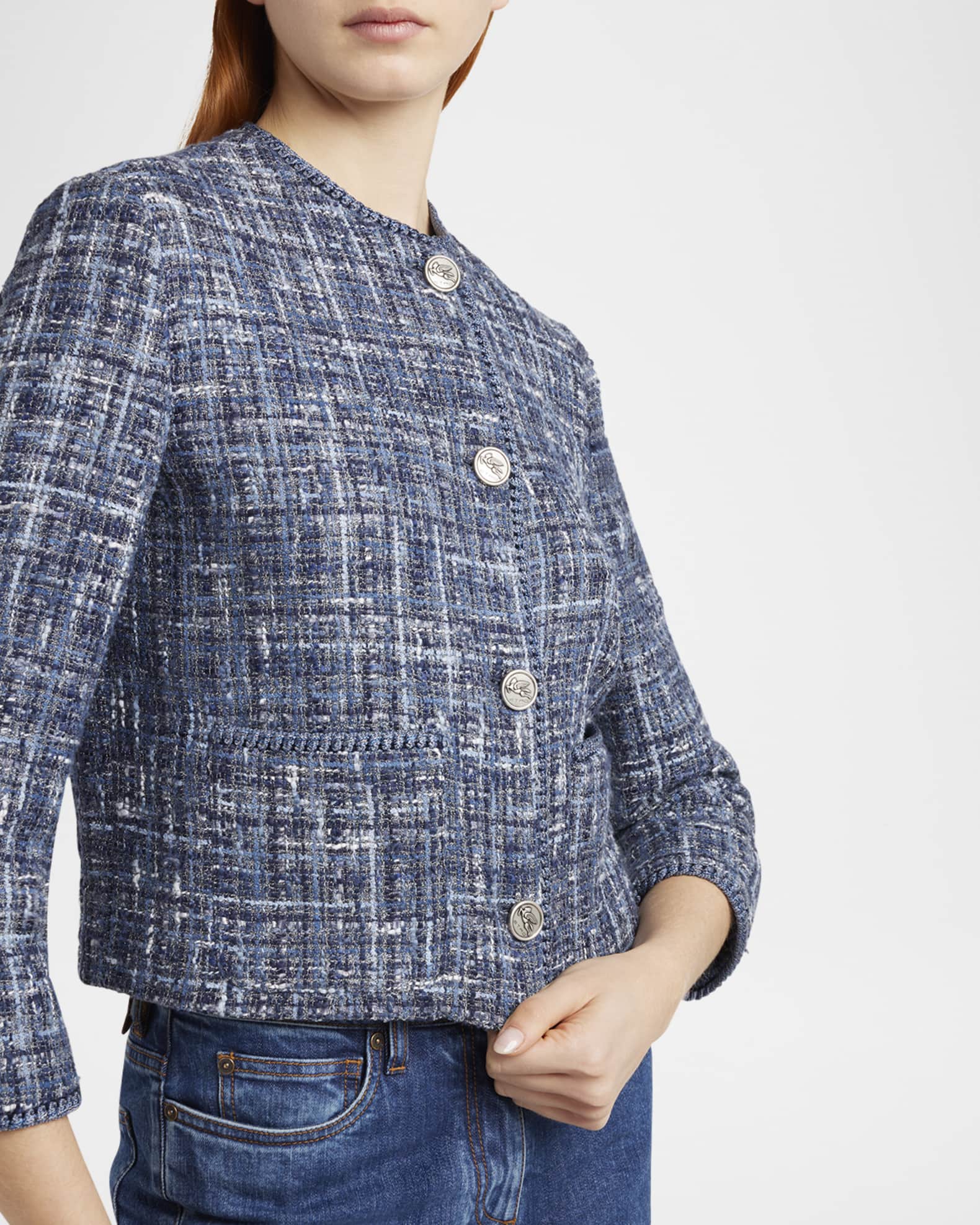 Etro Single-Breasted Tweed Crop Jacket | Neiman Marcus