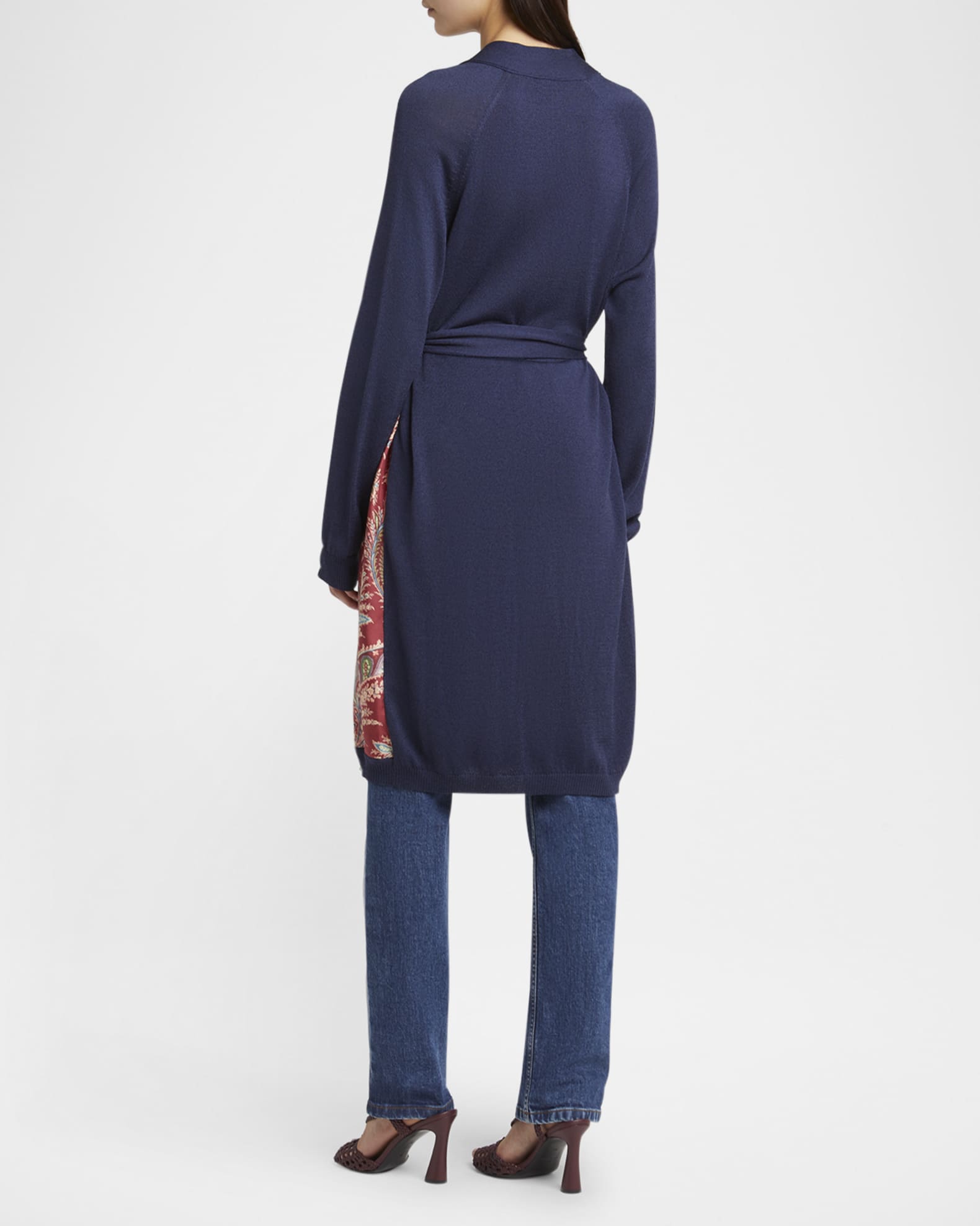 Etro Floral Foulard-Panel Belted Long Cardigan | Neiman Marcus