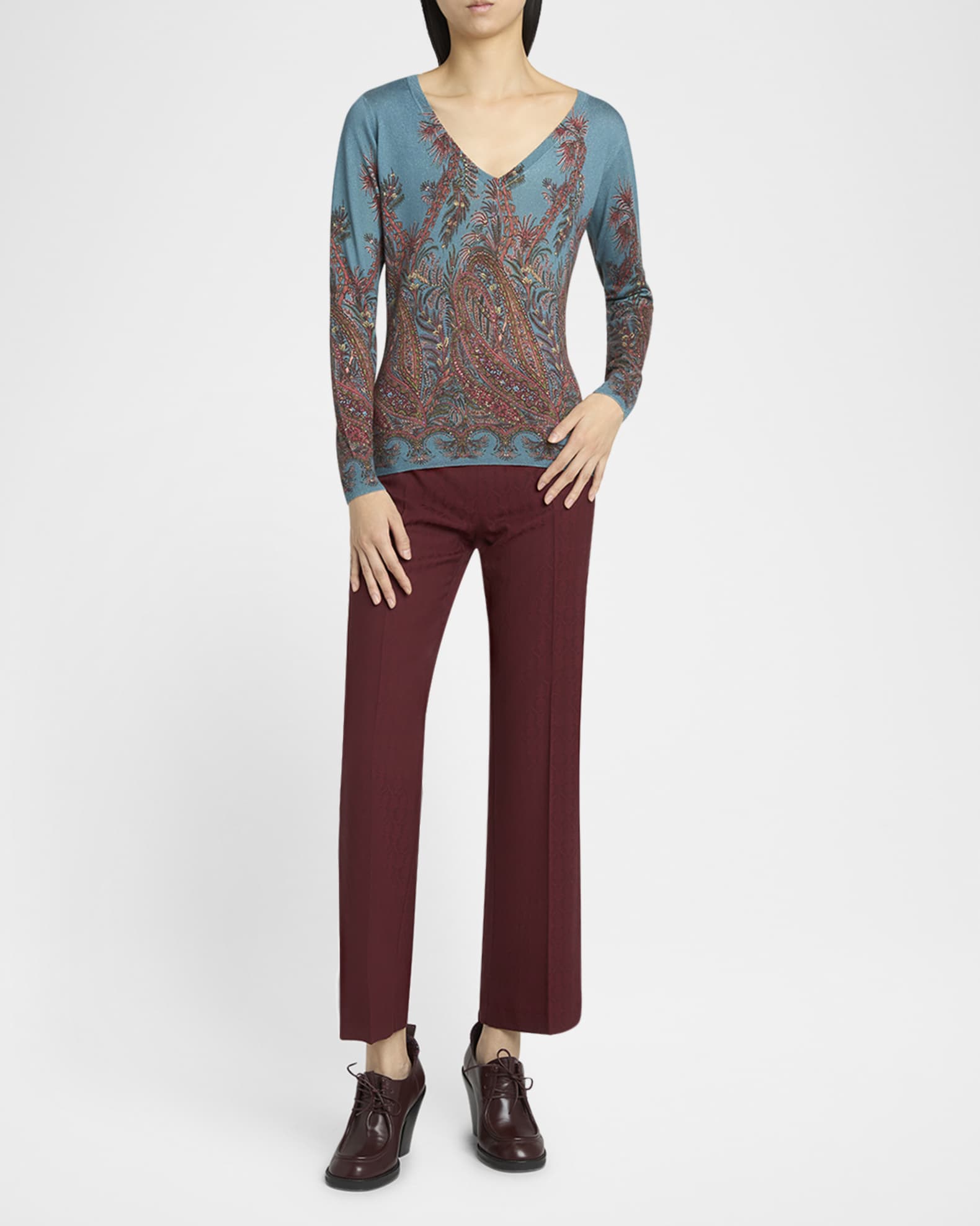 Etro V-Neck Paisley Stampa Silk Sweater | Neiman Marcus