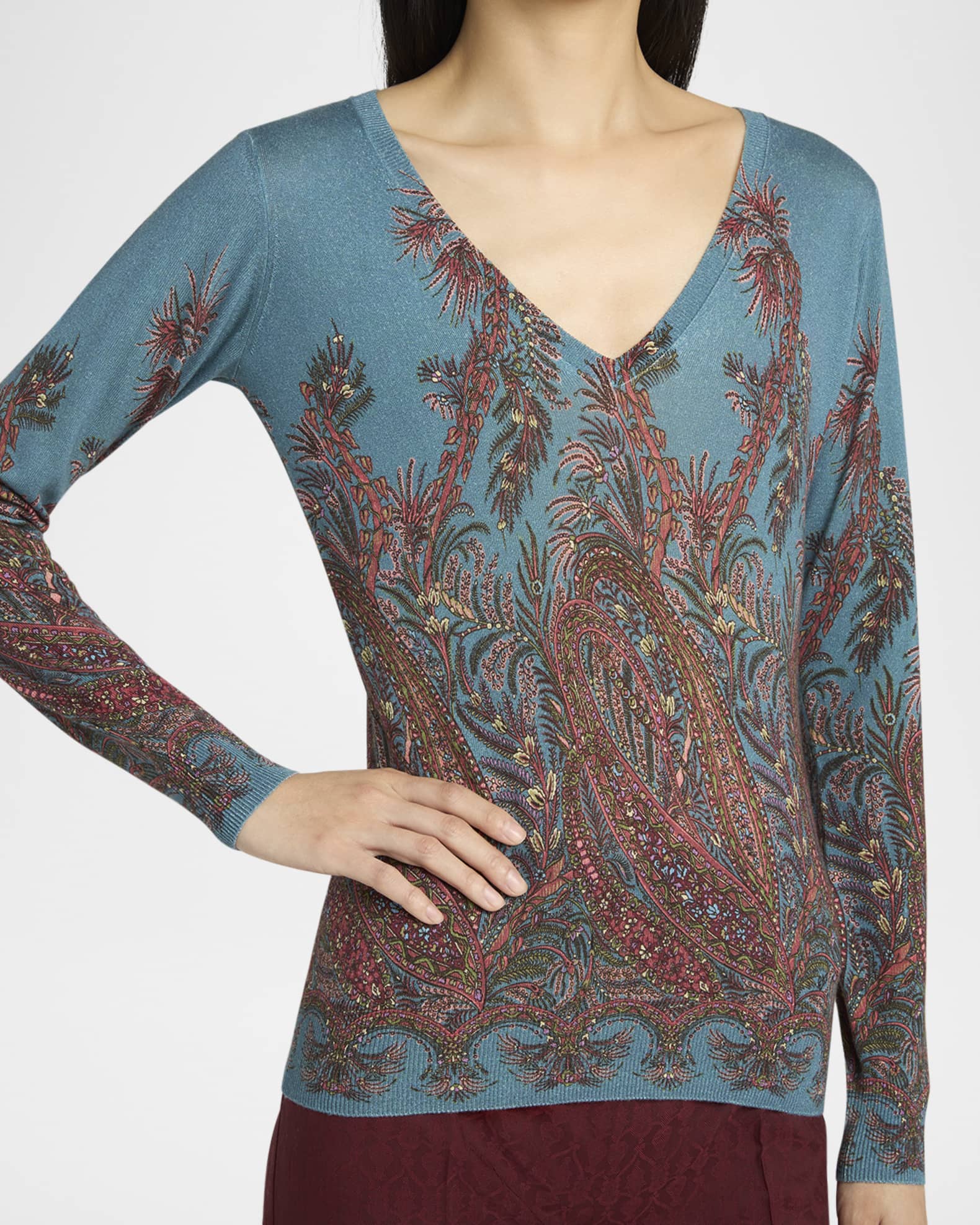 Etro V-Neck Paisley Stampa Silk Sweater | Neiman Marcus