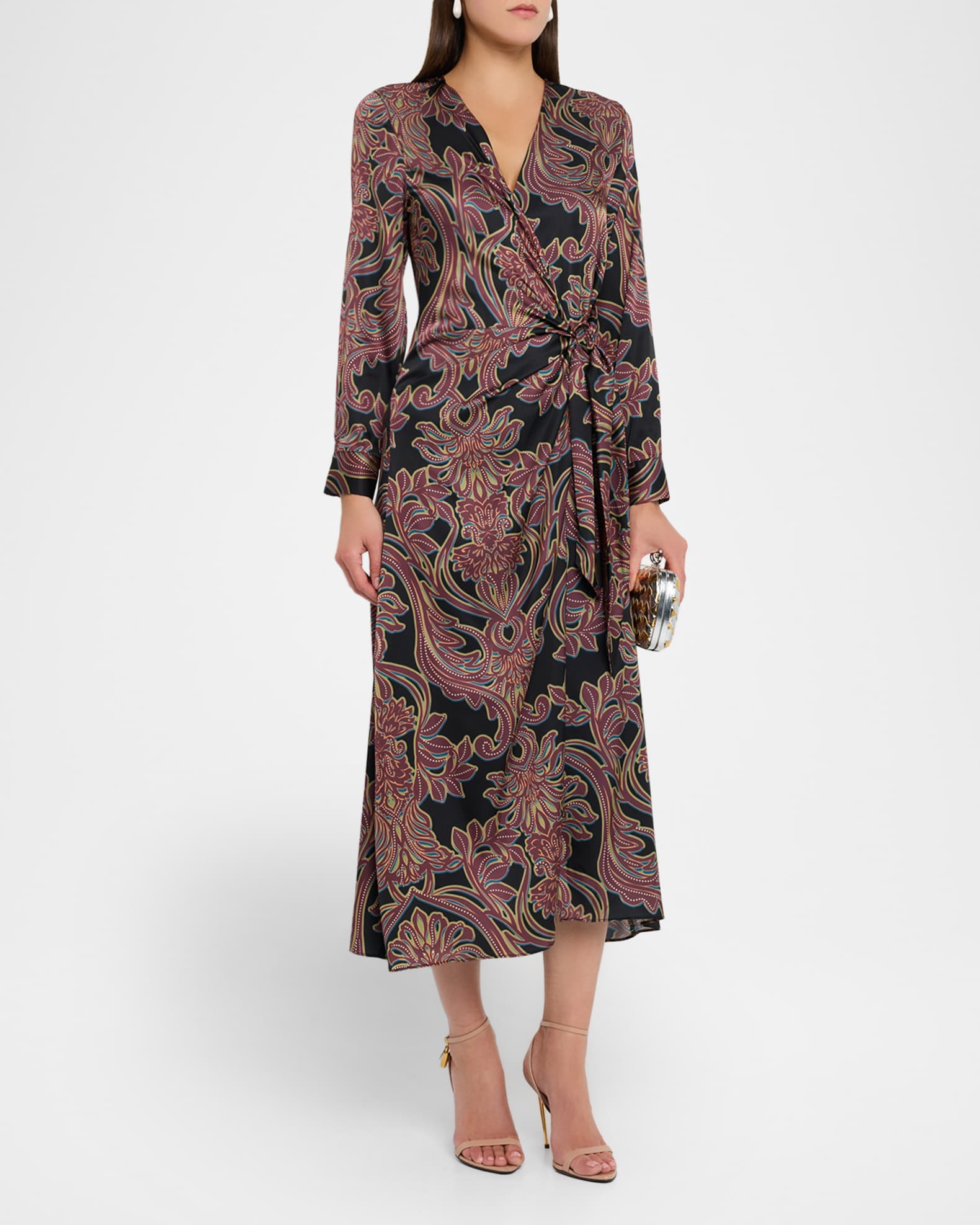 MISA Los Angeles Studded Flora Eliza Wrap Midi Dress | Neiman Marcus
