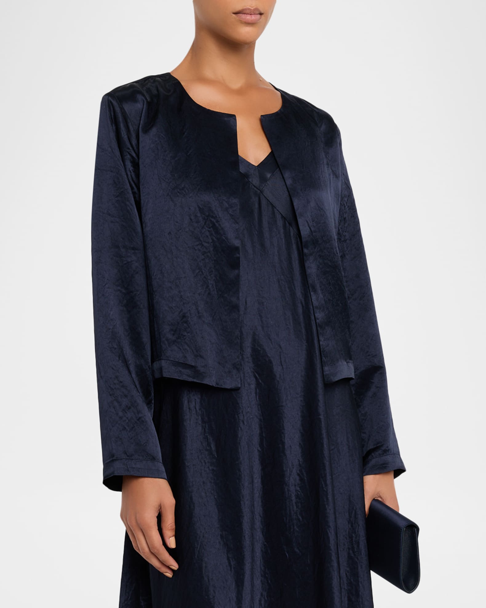 Eileen Fisher Open-Front Crinkled Satin Jacket | Neiman Marcus