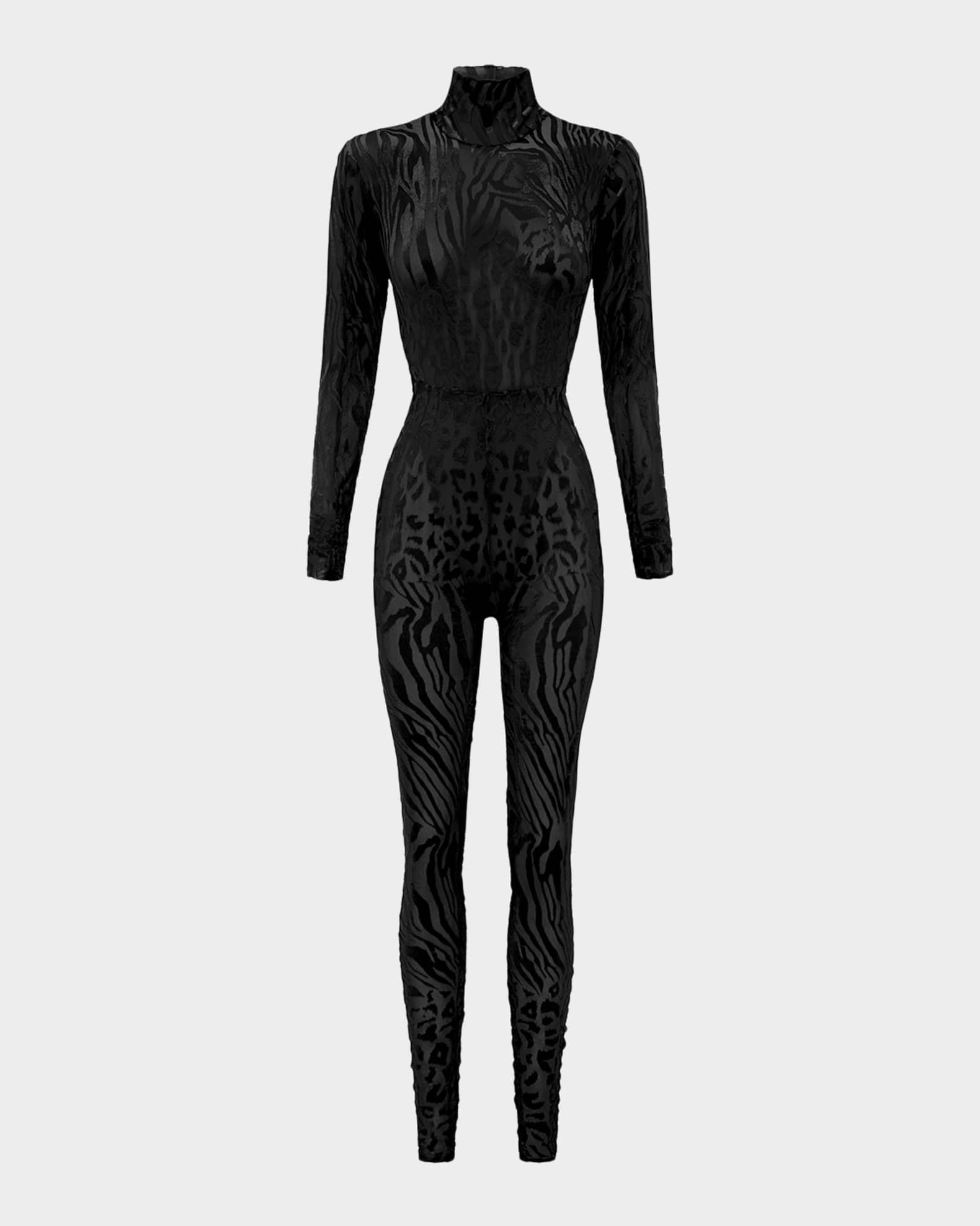 Alex Perry Turtleneck Animal-Print Velvet Devore Long-Sleeve Catsuit ...