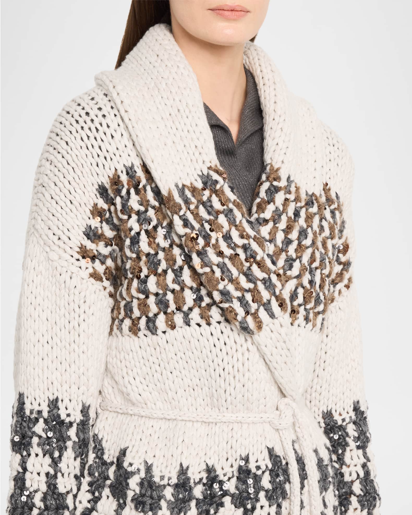 Brunello Cucinelli Prince of Wales Cashmere Opera Knit Wrap Cardigan ...