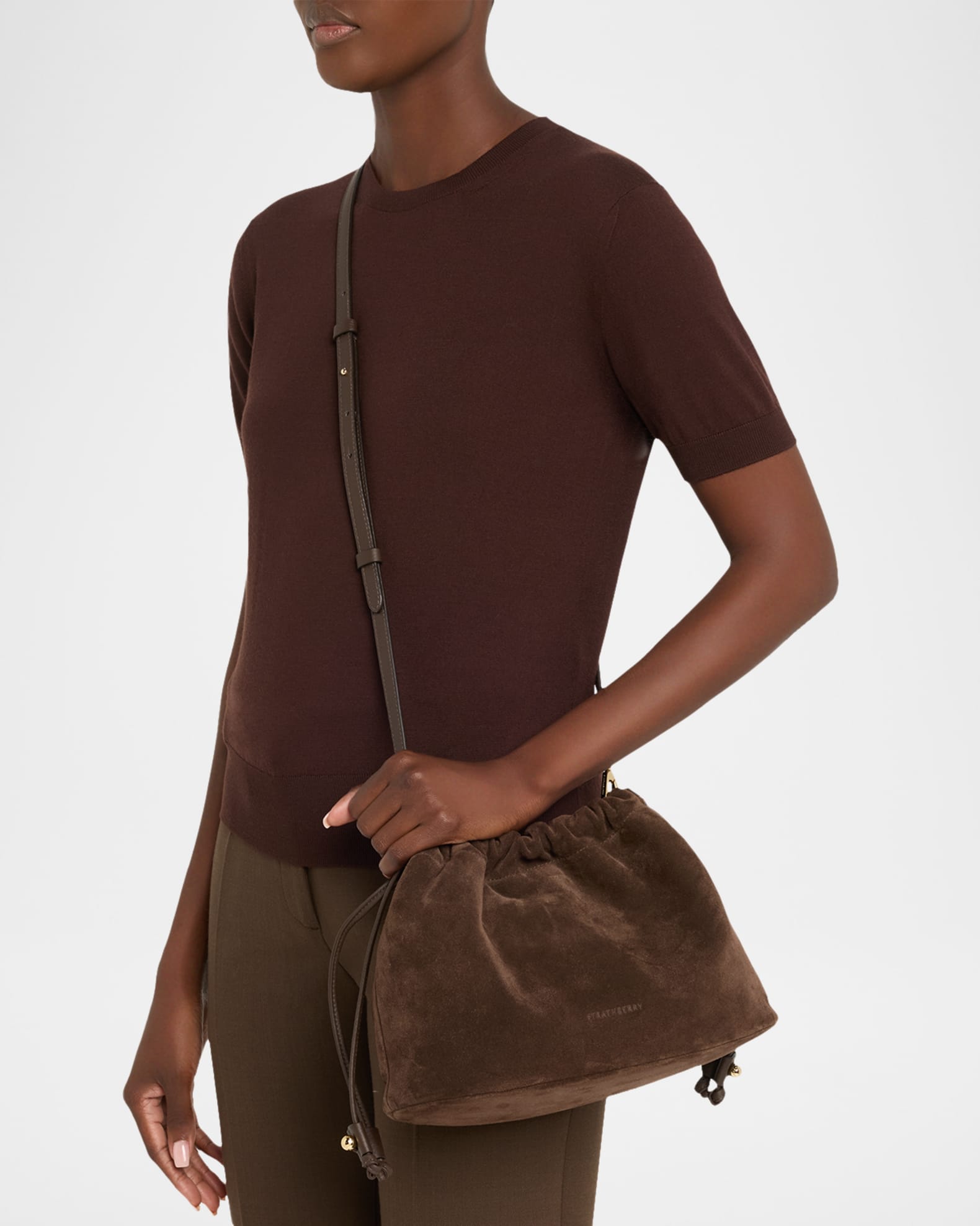 STRATHBERRY Charlotte Midi Suede Drawstring Bag | Neiman Marcus