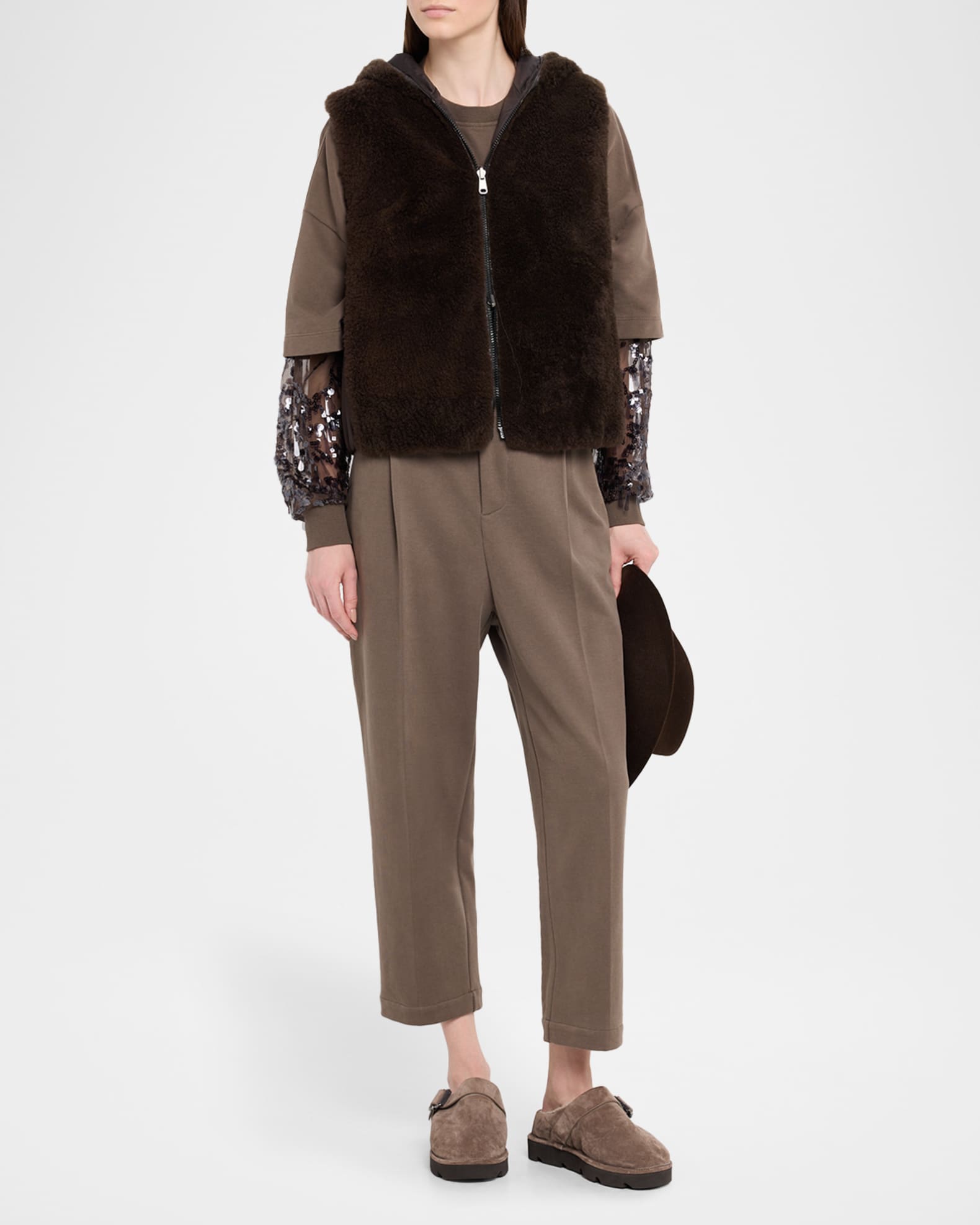 Brunello Cucinelli Crewneck Top with Sheer Sequined Raindrop Sleeves ...