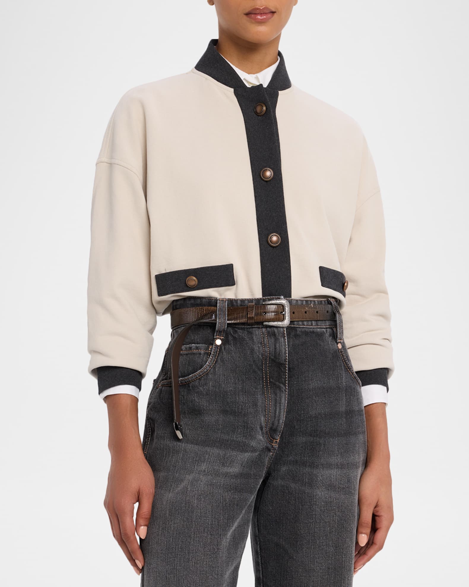 Brunello Cucinelli Felpa Buttoned Bomber Cardigan | Neiman Marcus
