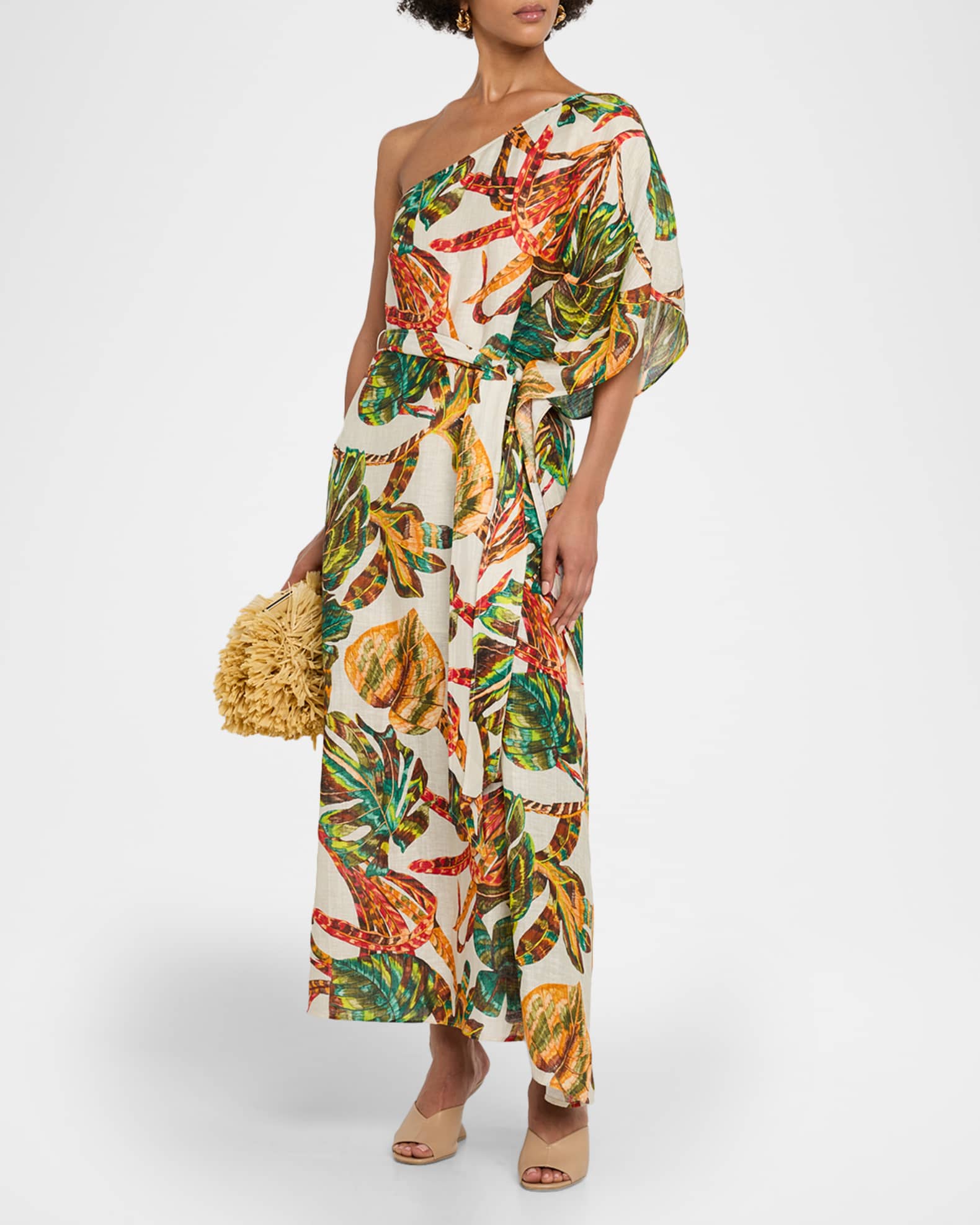 Marie Oliver Farrow Asymmetric Linen-Silk Midi Dress | Neiman Marcus