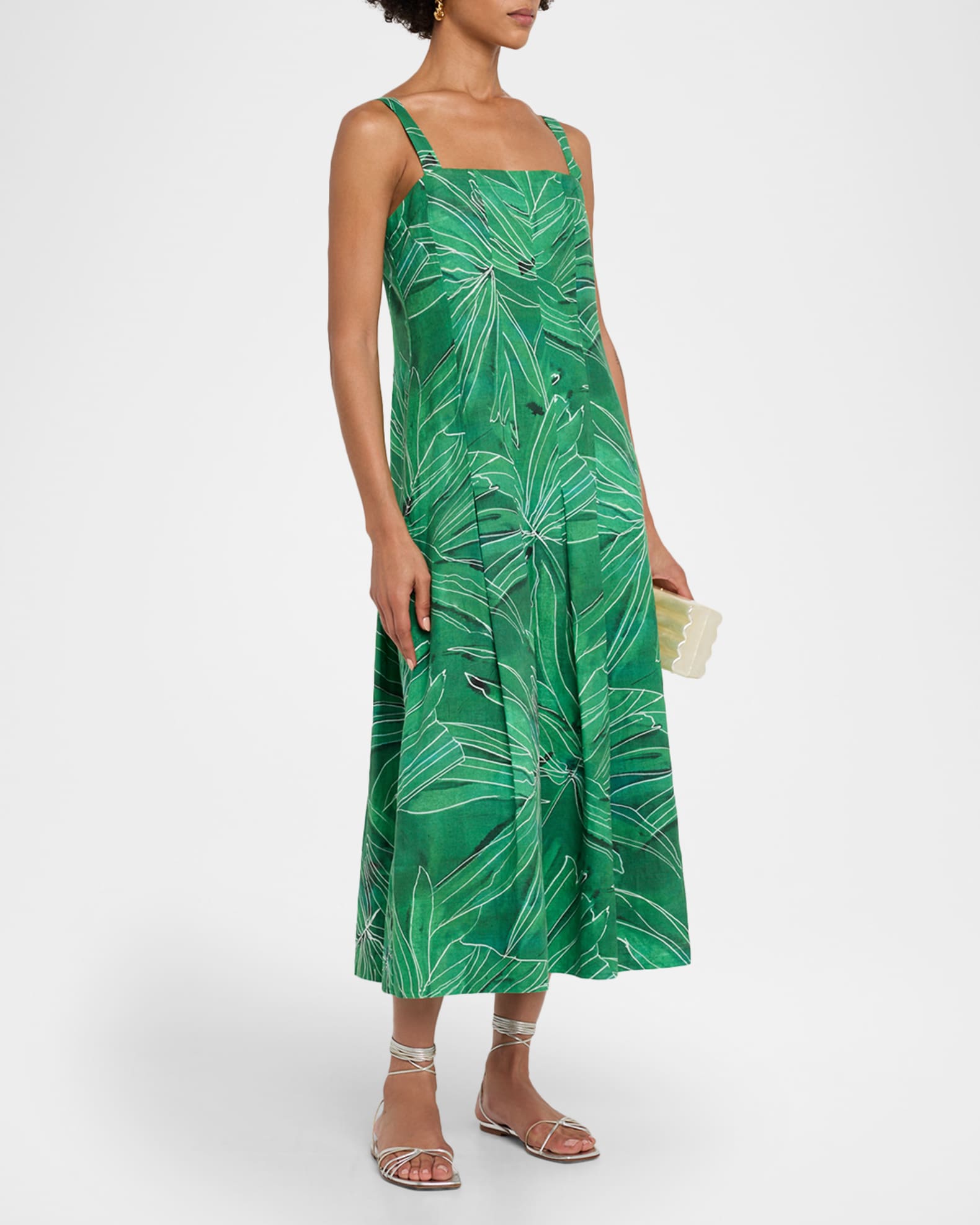 Marie Oliver Dixon Pleated Linen-Cotton Midi Dress | Neiman Marcus