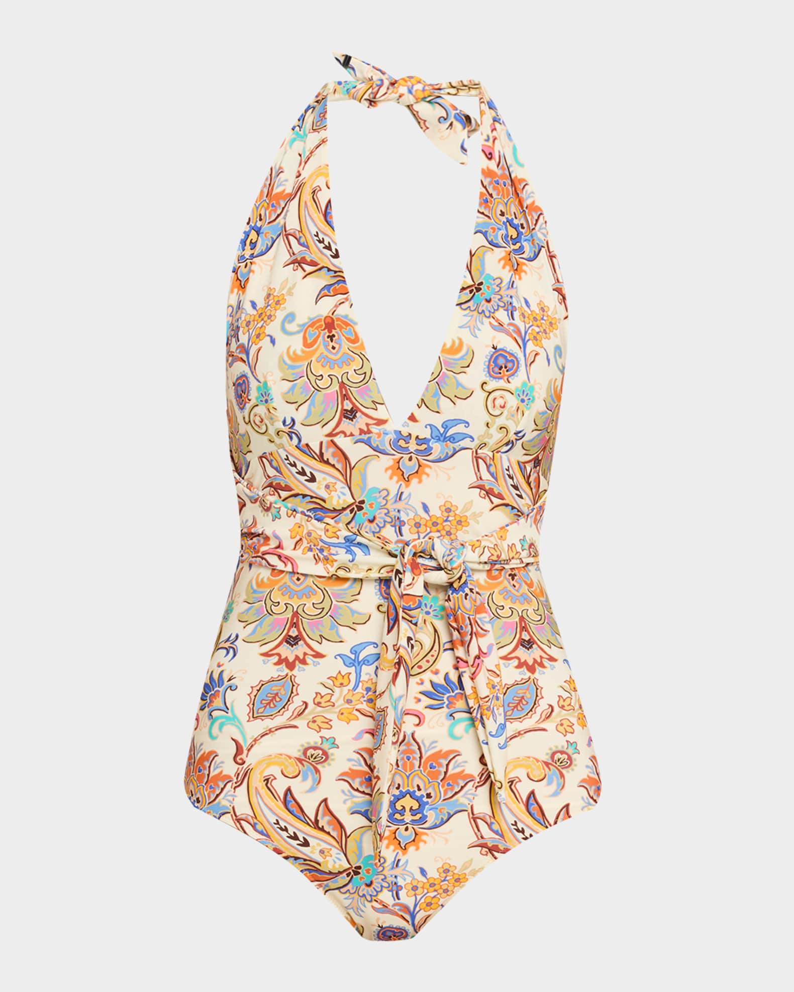 Etro Floral Paisley Belted Halter One-Piece Swimsuit | Neiman Marcus