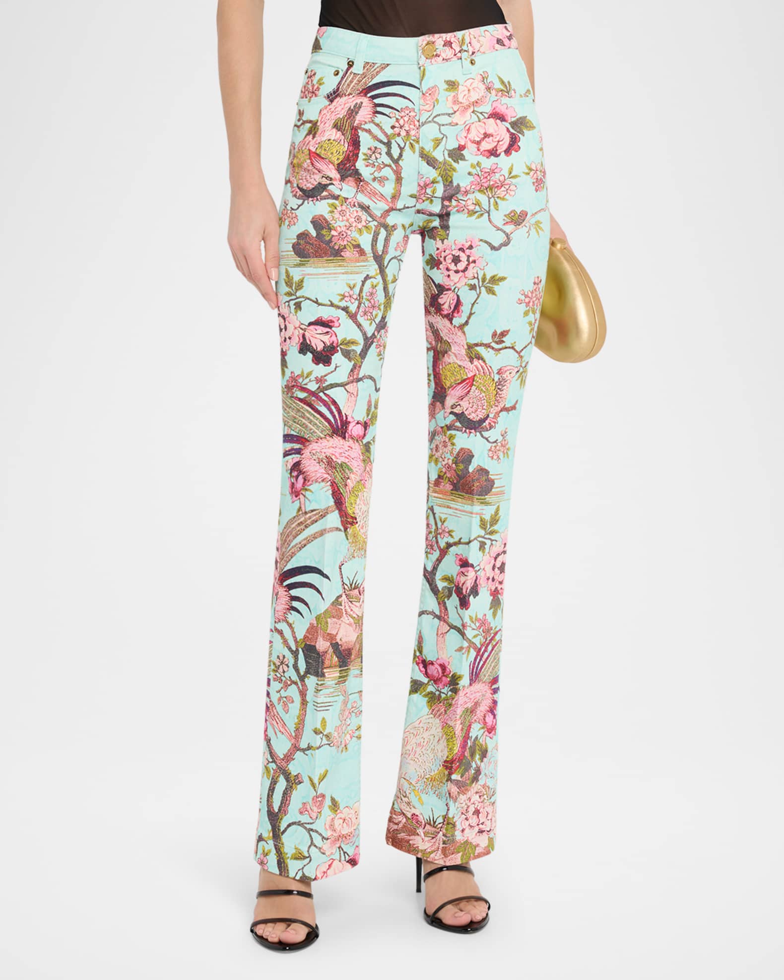 Roberto Cavalli Bird-Print Flared Stretch Cotton Trousers | Neiman Marcus