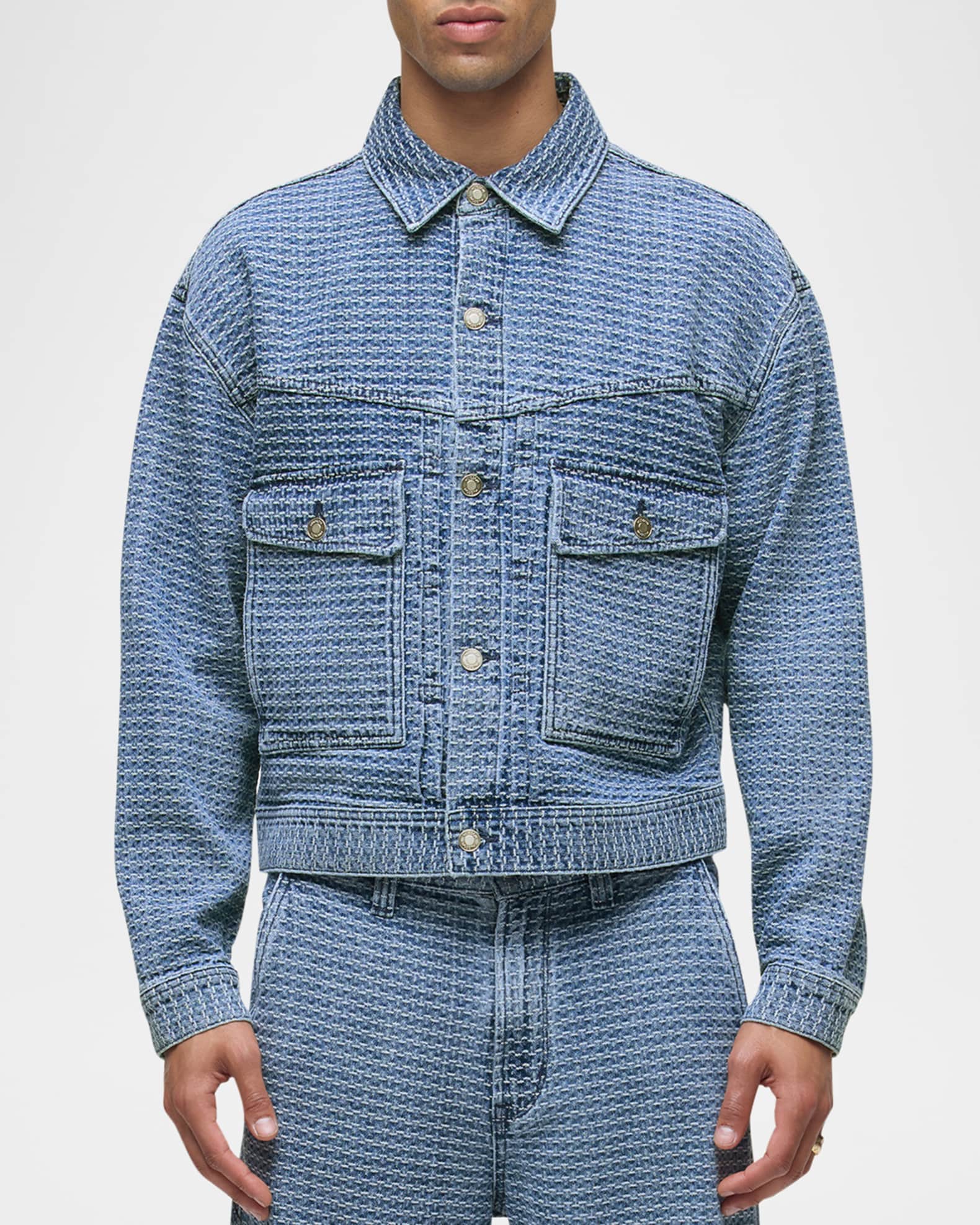 Hudson Men's Cropped Textured Denim Trucker Jacket | Neiman Marcus