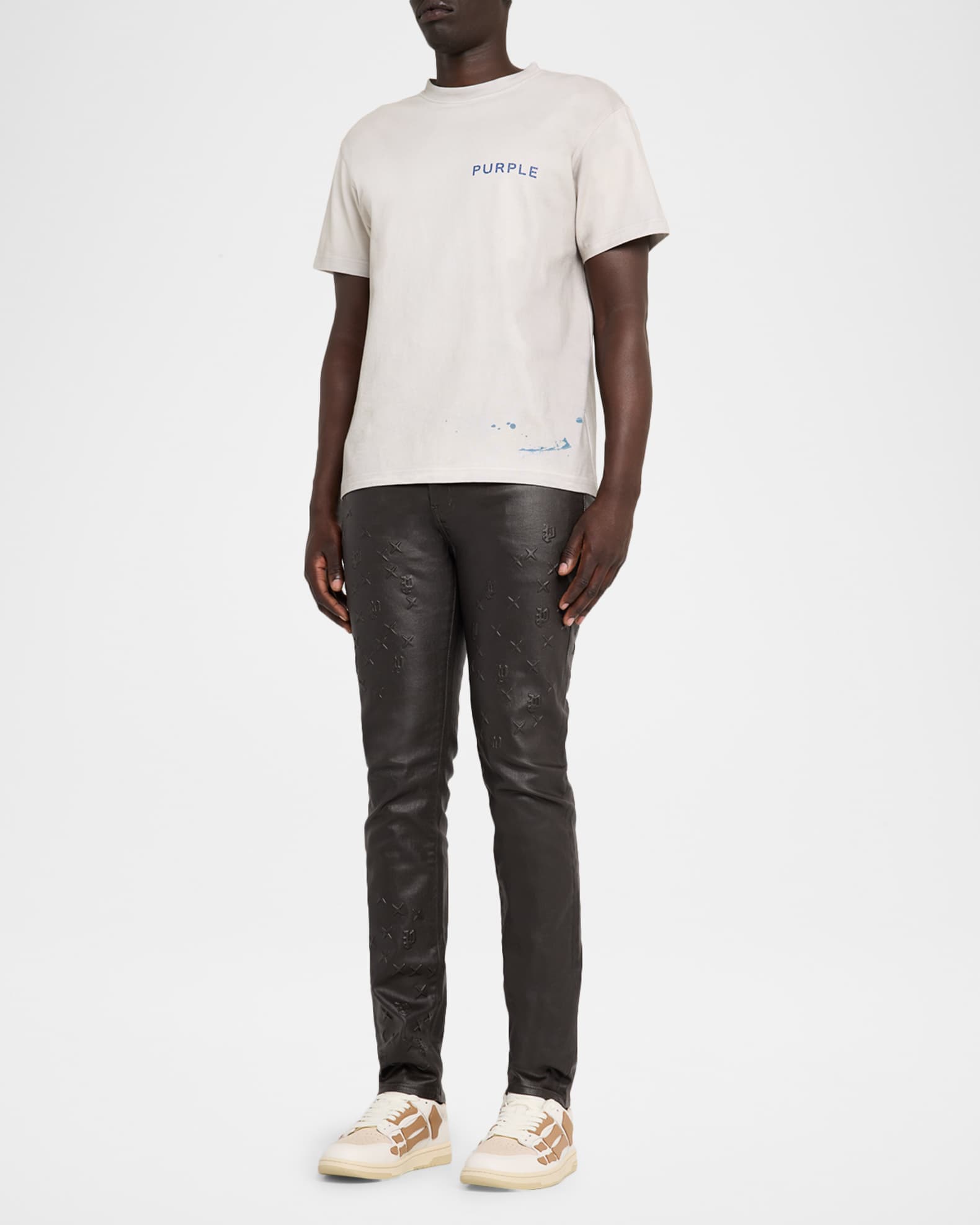 PURPLE Men's Monogram Embossed Five-Pocket Skinny Jeans | Neiman Marcus