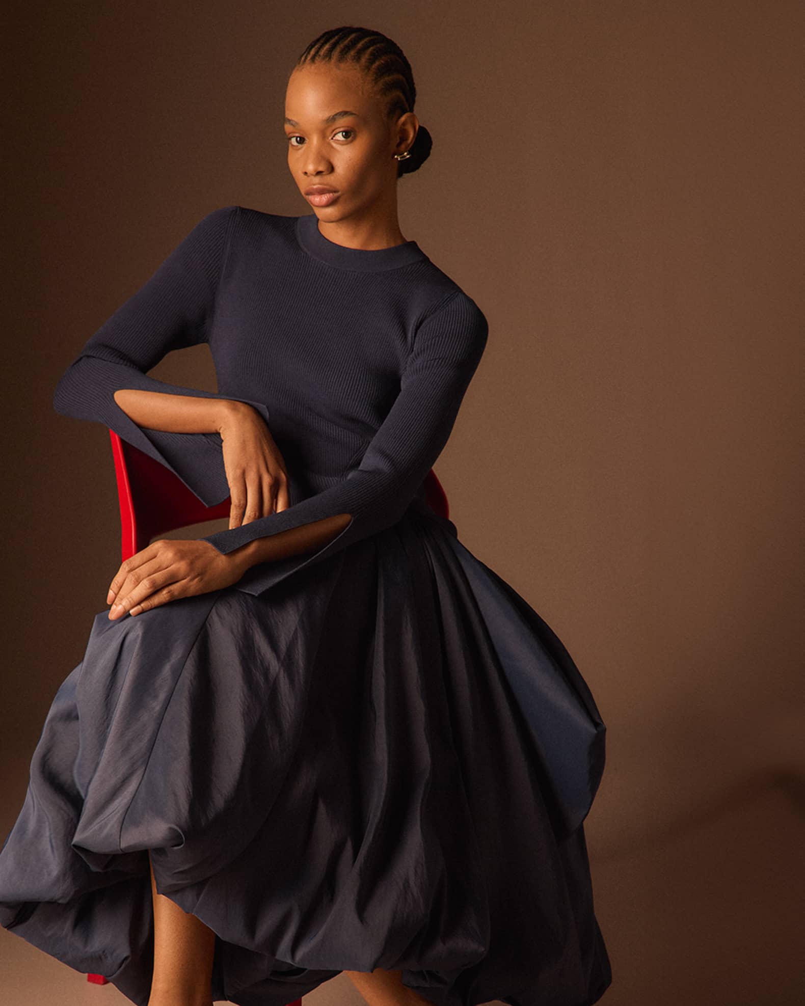 SIMKHAI Kenlie Split-Sleeve Mixed Media Bubble Midi Dress | Neiman Marcus