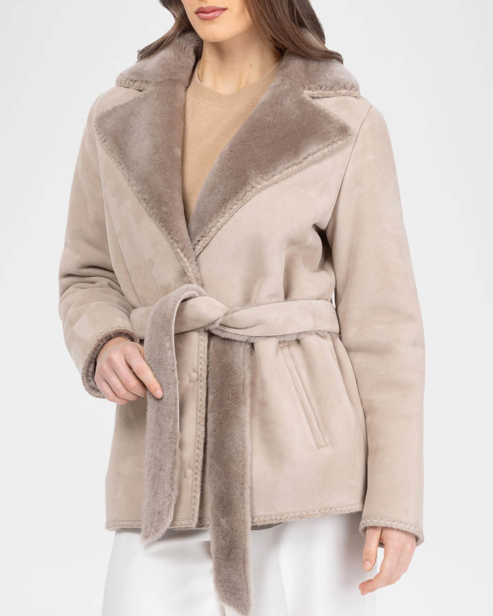 Gorski Merino Shearling Lamb Belted Jacket With Whipstitch Trim ...