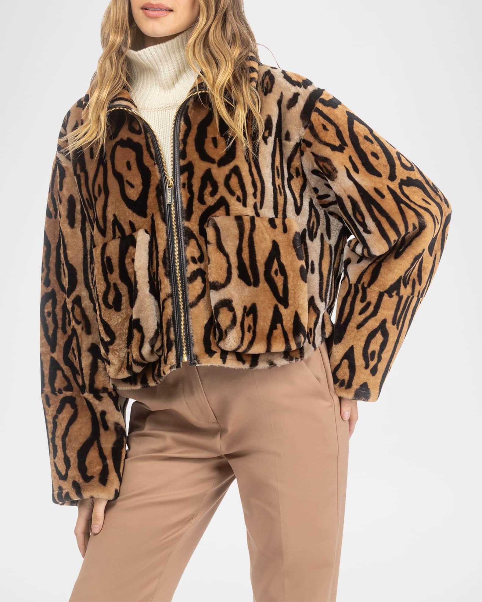Gorski Ocelot-Print Shearling Lamb Zip Jacket | Neiman Marcus