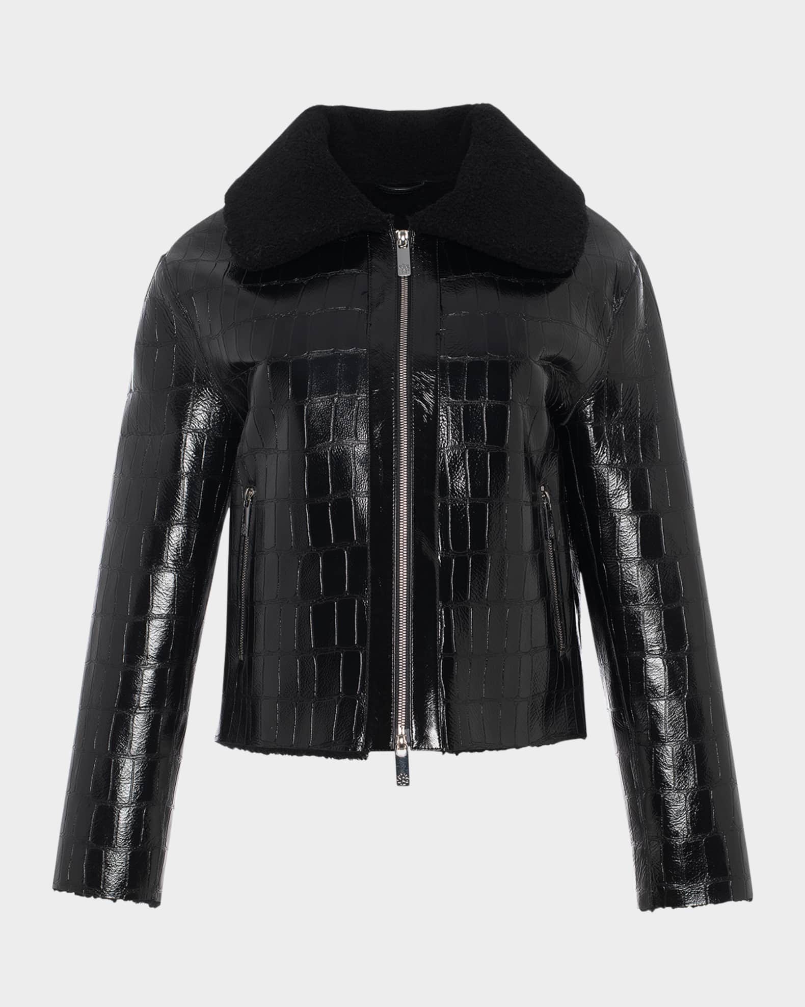 Gorski Shearling Lamb Croco Embossed Zip Jacket | Neiman Marcus