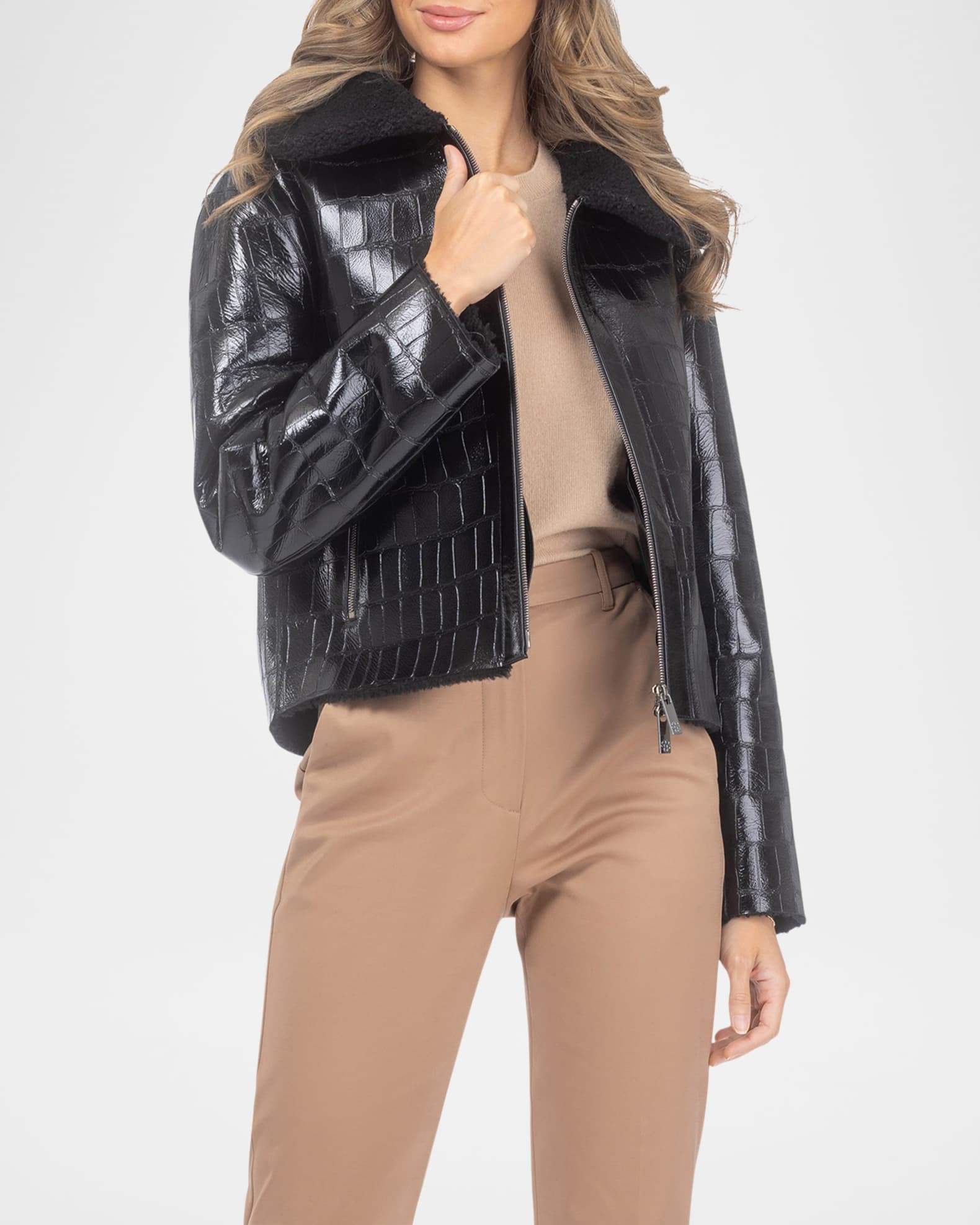 Gorski Shearling Lamb Croco Embossed Zip Jacket | Neiman Marcus