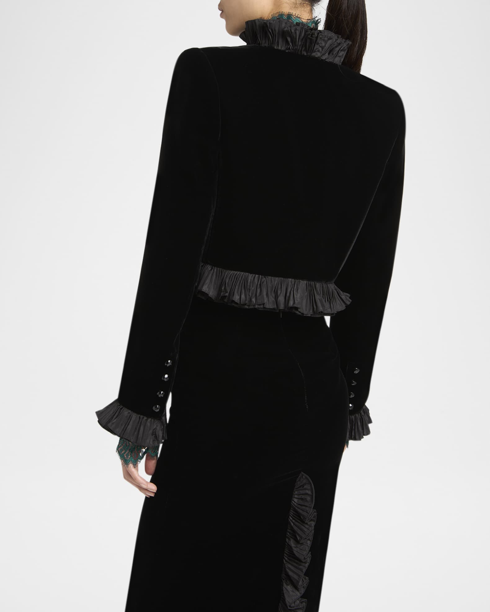 Valentino Garavani Pleated Ruffle Velvet Crop Jacket | Neiman Marcus