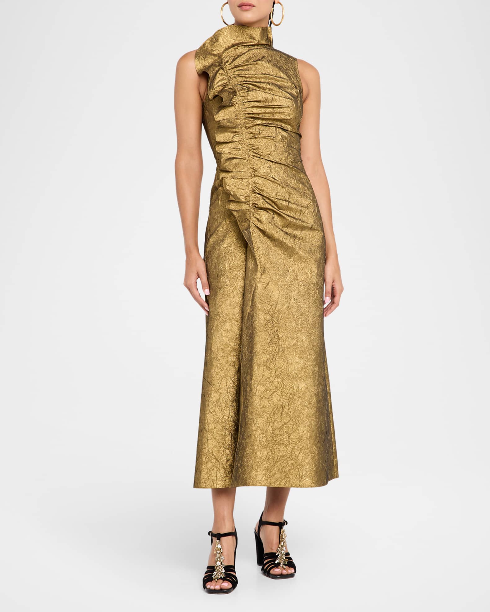 Ulla Johnson Demetria Metallic Sleeveless Ruched Midi Dress | Neiman Marcus