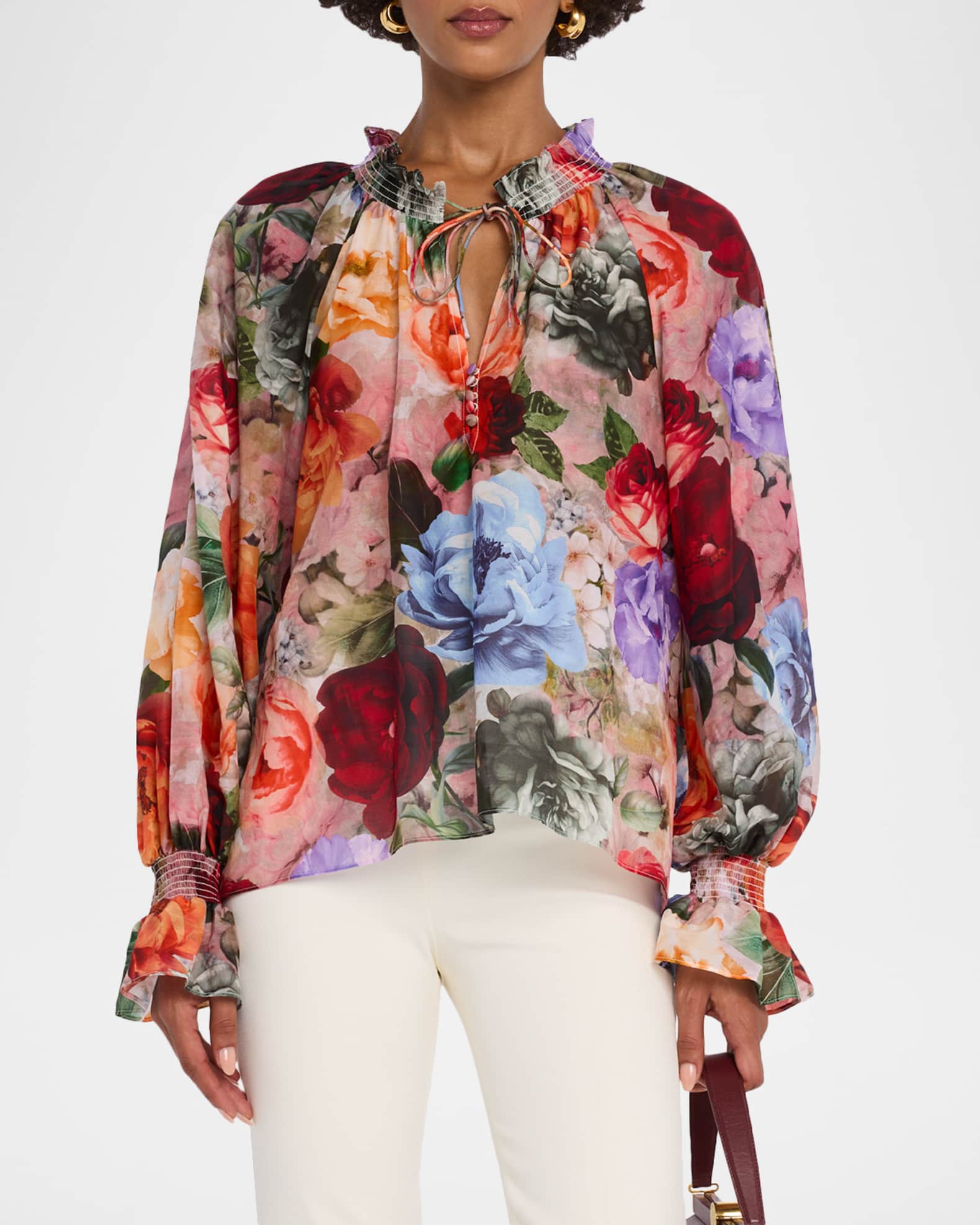 Alice + Olivia Norah Tie-Neck Peasant Blouse | Neiman Marcus
