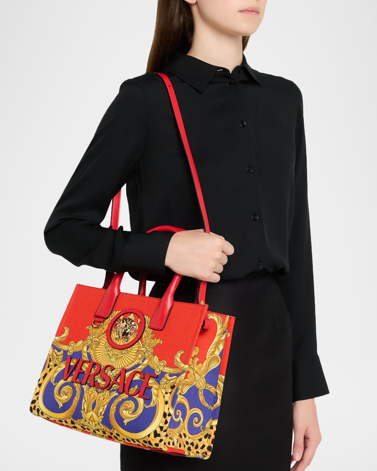 Versace La Medusa Small Printed Canvas Tote Bag | Neiman Marcus