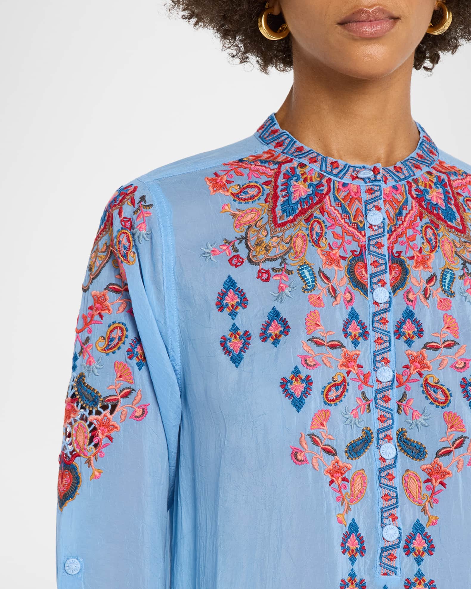Johnny Was Alba Floral-Embroidered Georgette Blouse | Neiman Marcus