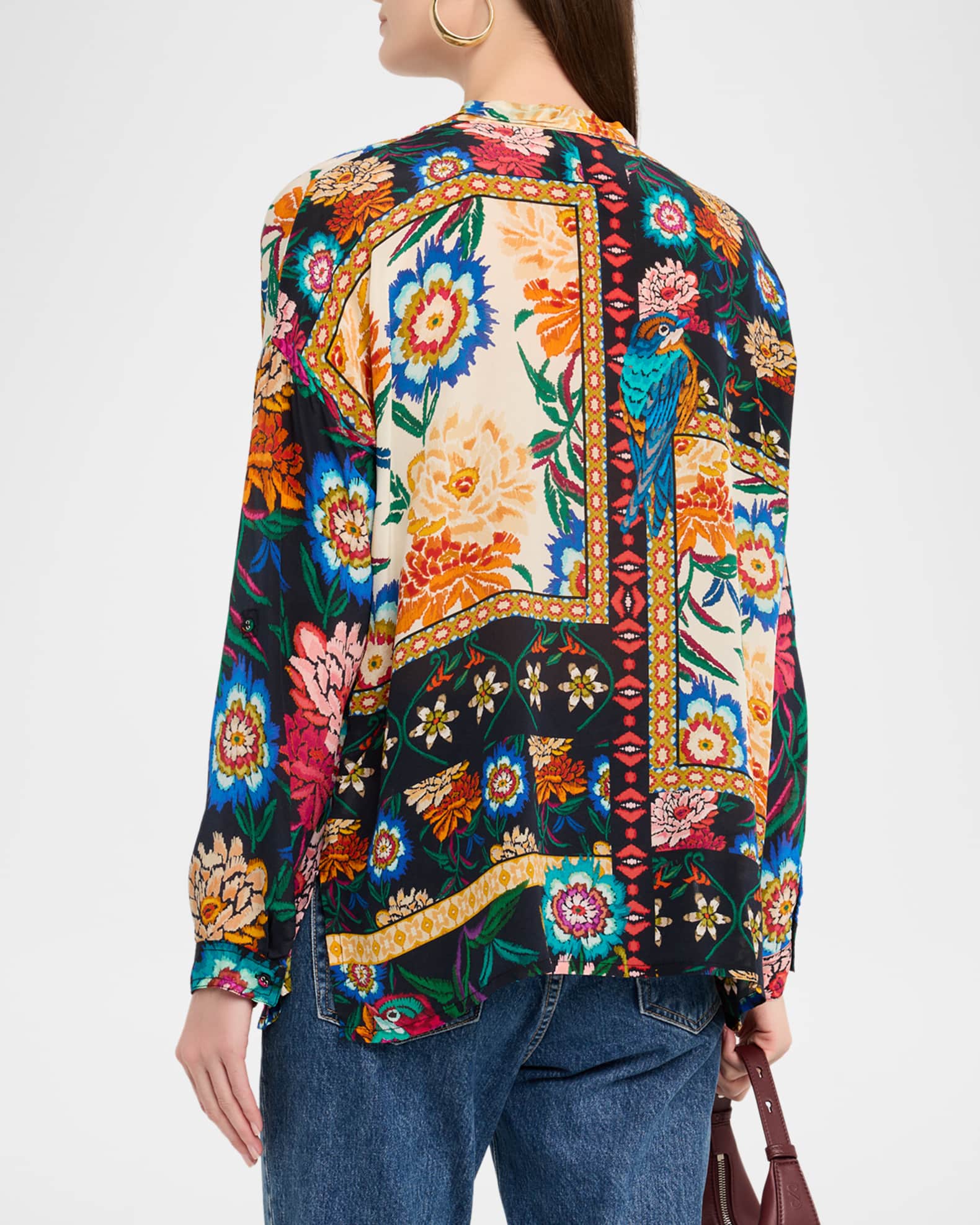 Johnny Was Audrey Oversized Floral-Print Silk Shirt | Neiman Marcus