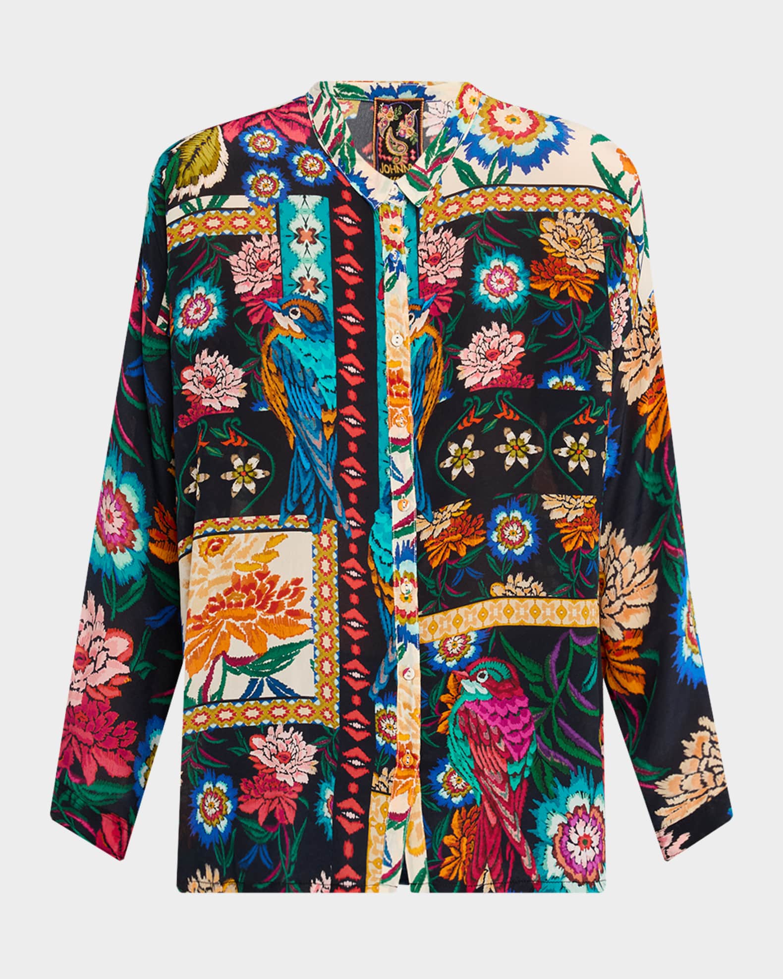 Johnny Was Audrey Oversized Floral-Print Silk Shirt | Neiman Marcus