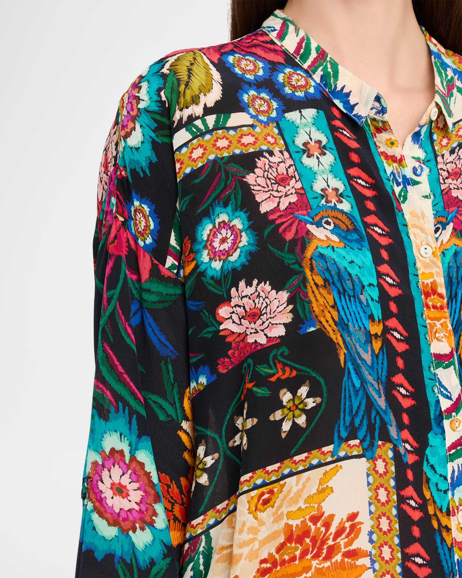 Johnny Was Audrey Oversized Floral-Print Silk Shirt | Neiman Marcus