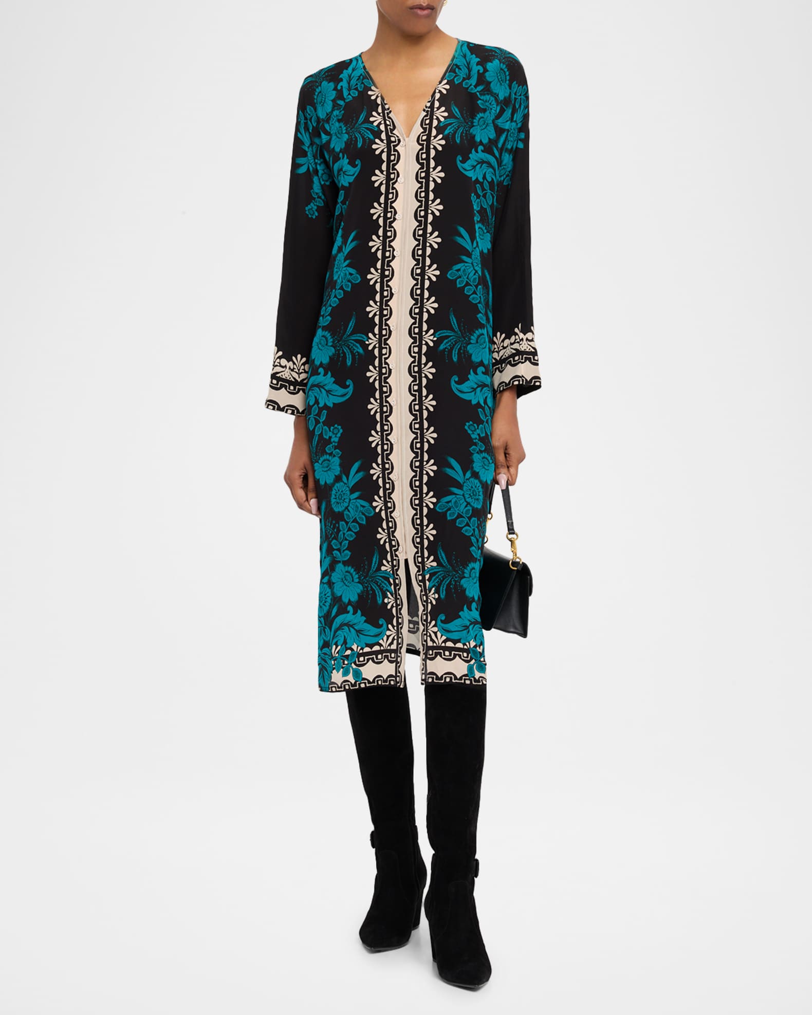 Johnny Was Herta Floral-Print Silk Midi Dress | Neiman Marcus