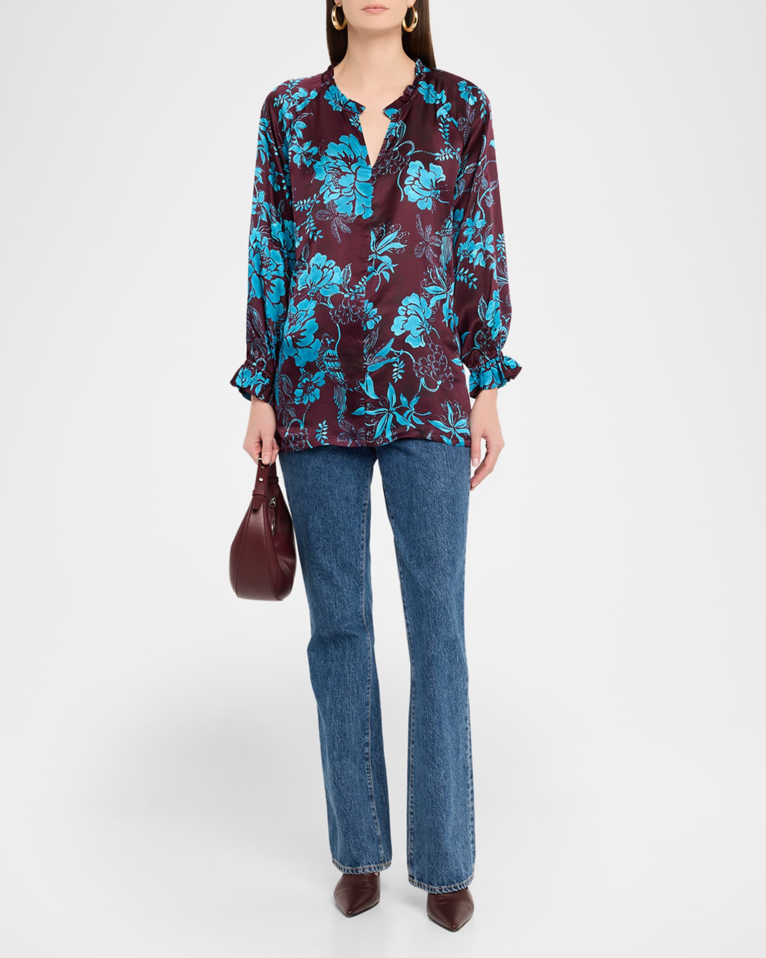 Johnny Was Floral-Print Ruffle Field Tunic | Neiman Marcus