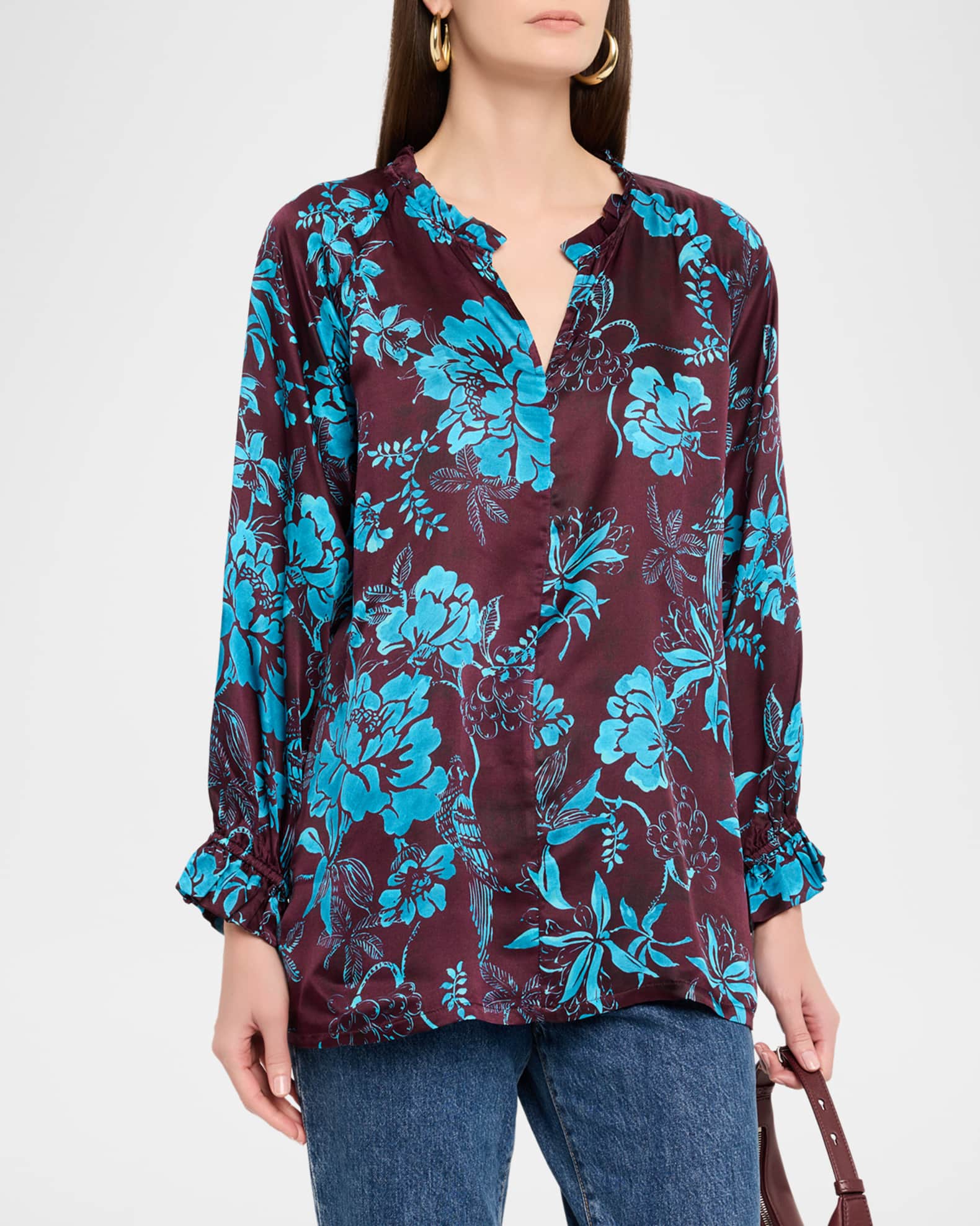 Johnny Was Floral-Print Ruffle Field Tunic | Neiman Marcus
