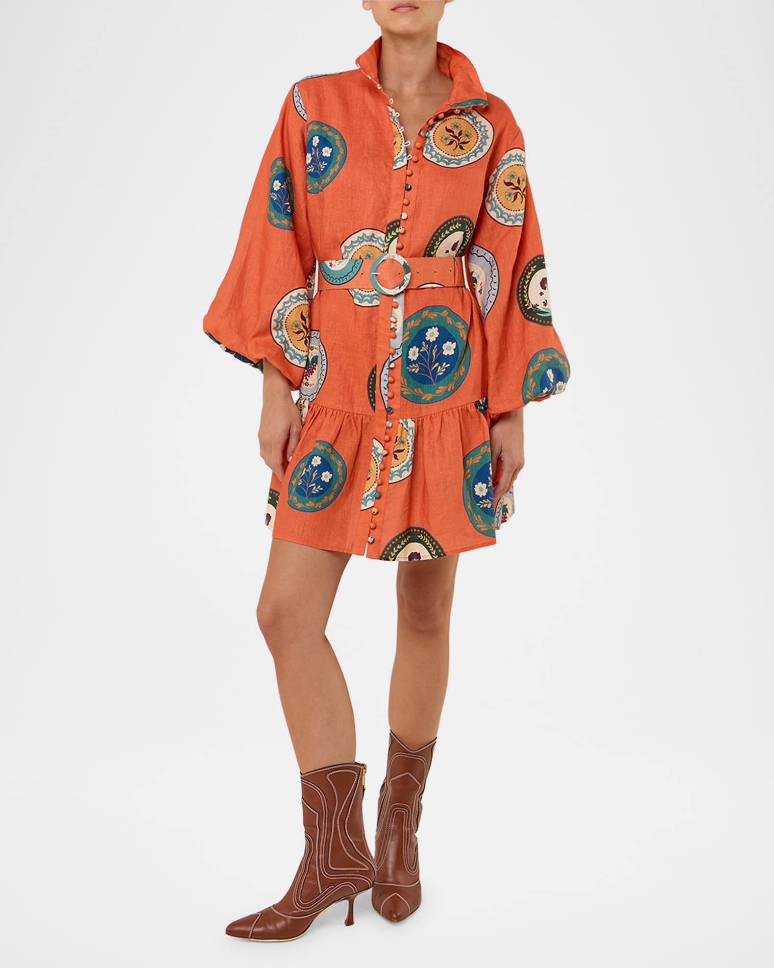 PALM NOOSA Austin Orange Plates Flounce Linen Mini Dress | Neiman Marcus