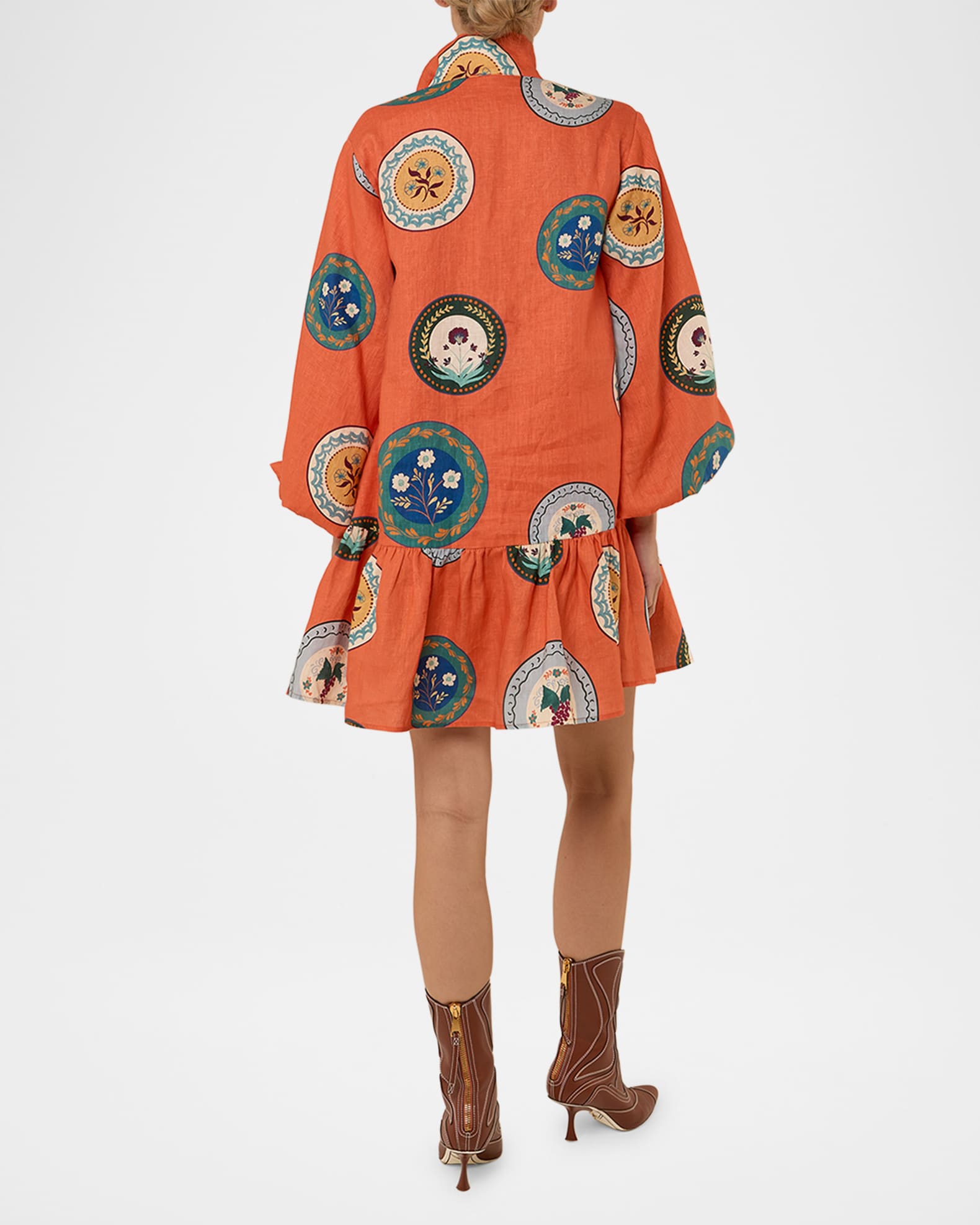 PALM NOOSA Austin Orange Plates Flounce Linen Mini Dress | Neiman Marcus