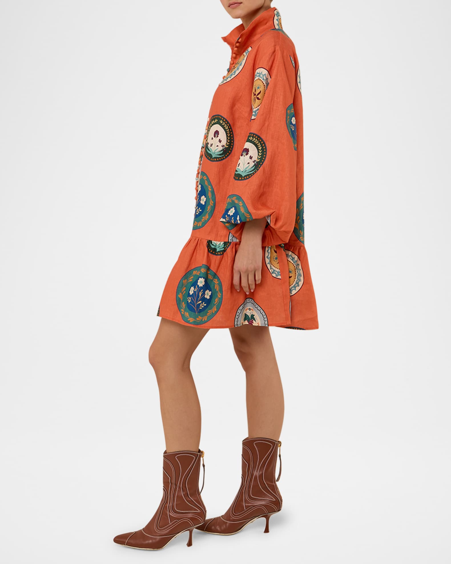 PALM NOOSA Austin Orange Plates Flounce Linen Mini Dress | Neiman Marcus