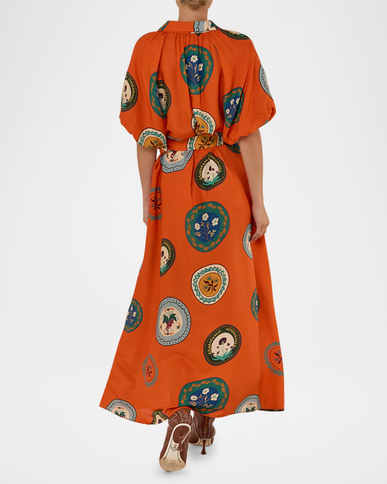 PALM NOOSA Carla Orange Plates Silk Twill Maxi Dress | Neiman Marcus
