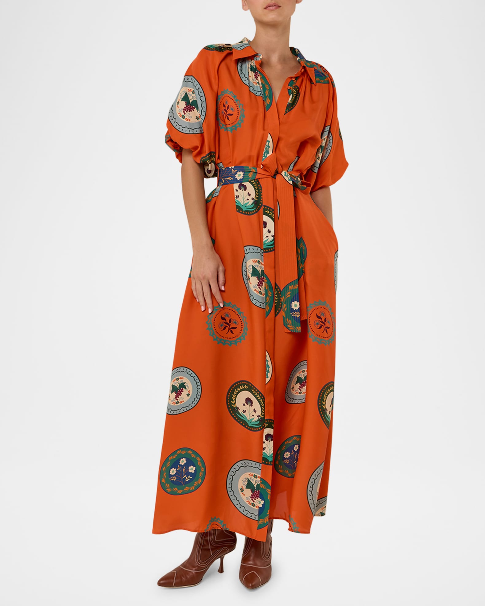 PALM NOOSA Carla Orange Plates Silk Twill Maxi Dress | Neiman Marcus