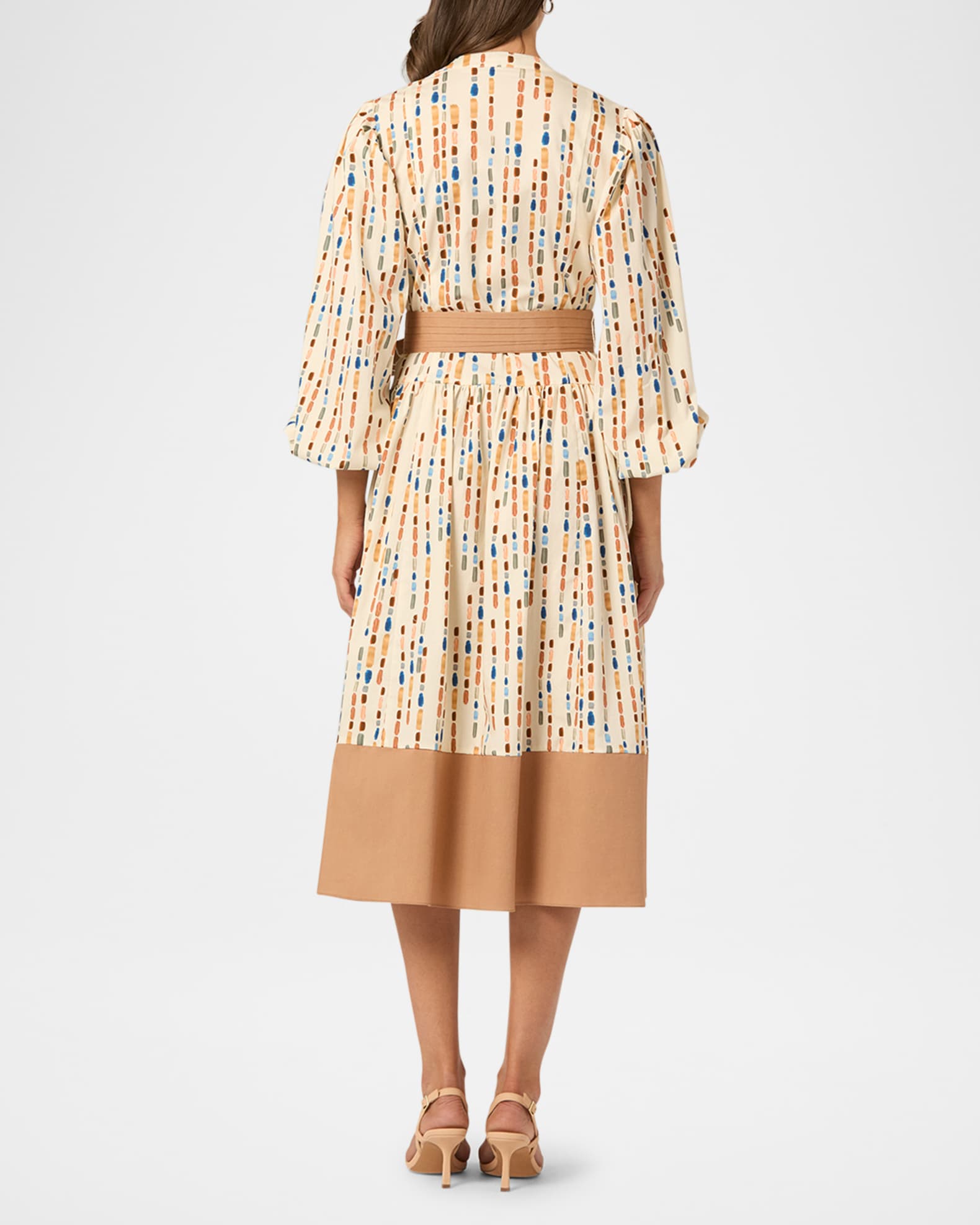 Shoshanna Bria Belted Brushstroke-Print Cotton Midi Dress | Neiman Marcus