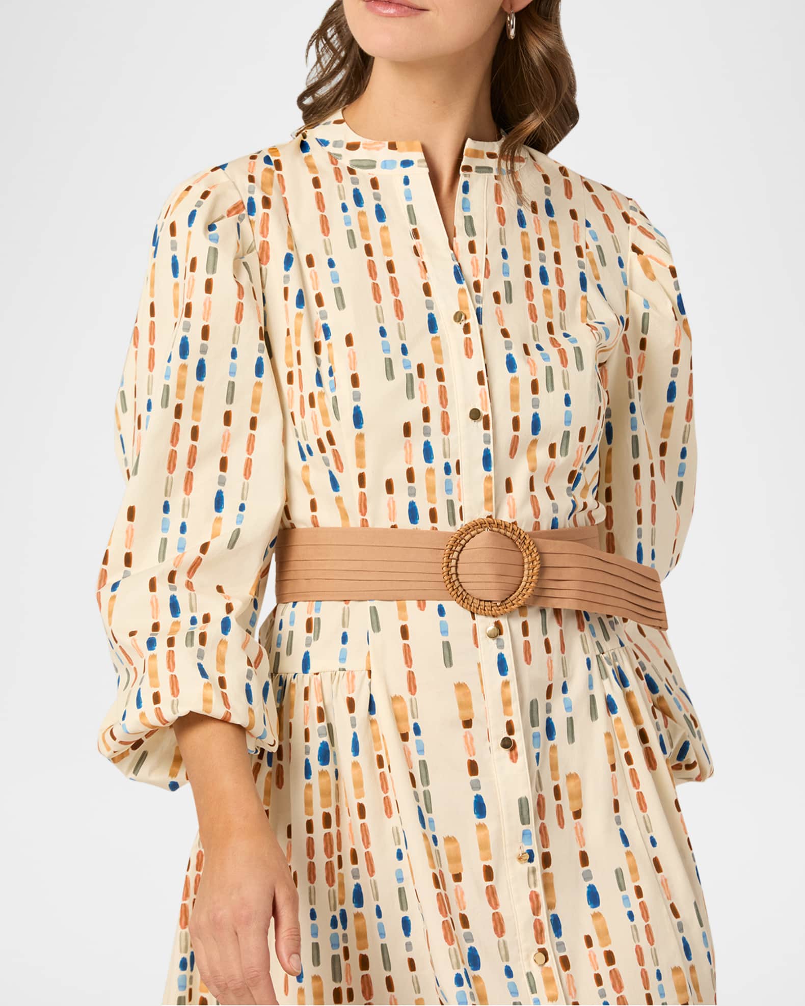 Shoshanna Bria Belted Brushstroke-Print Cotton Midi Dress | Neiman Marcus