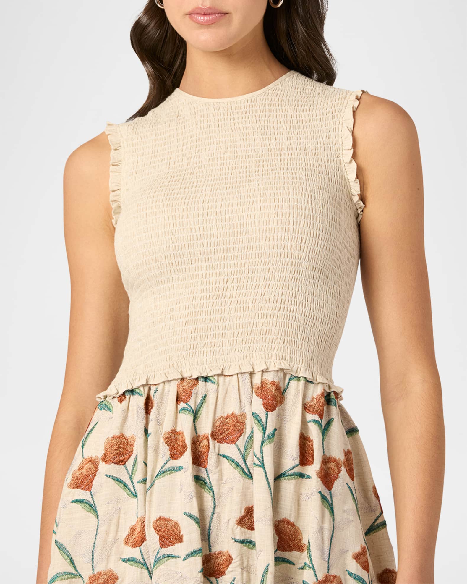 Shoshanna Roberta Smocked Floral-Embroidered Midi Dress | Neiman Marcus