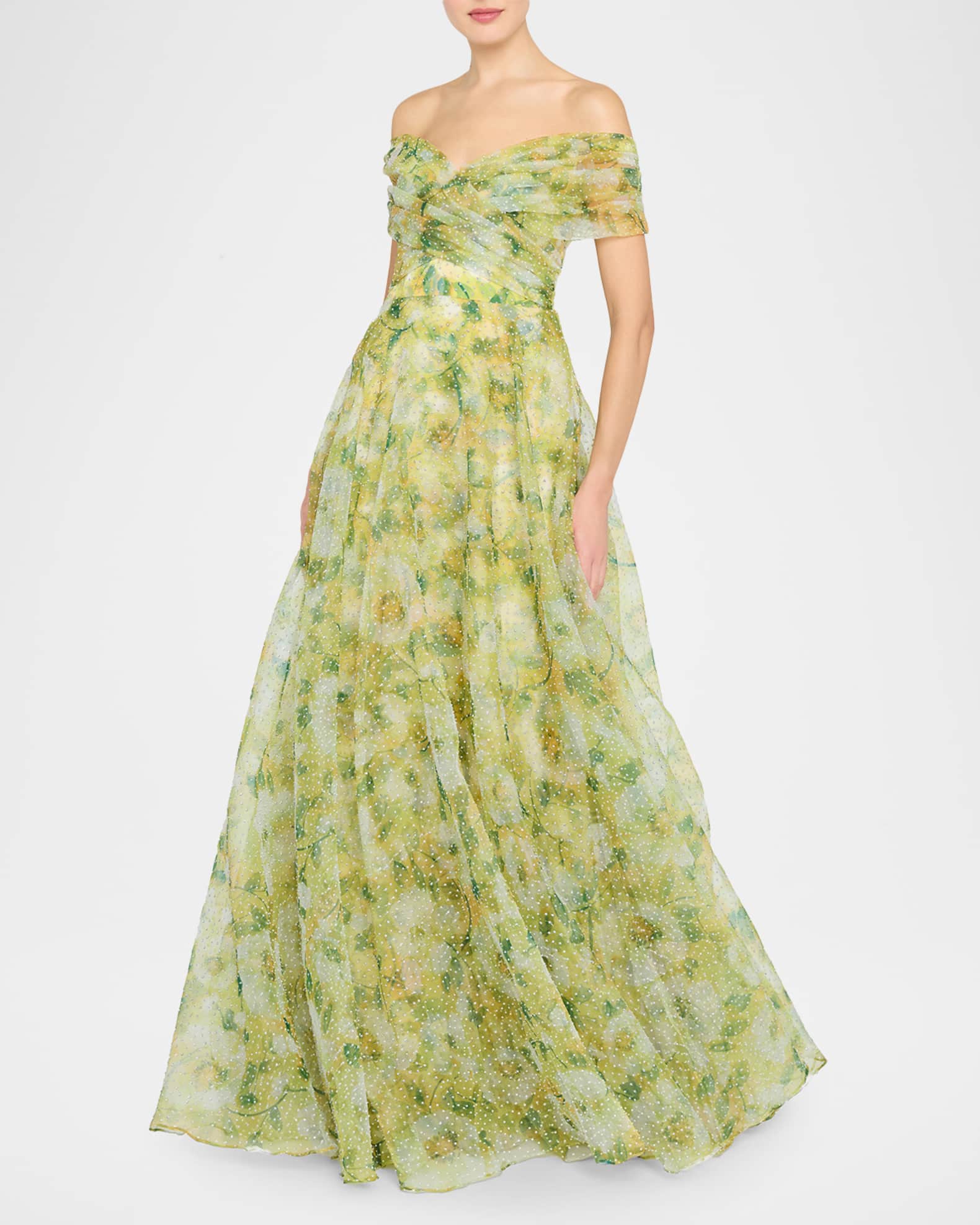 Theia Ryan Pleated Off-Shoulder Organza Gown | Neiman Marcus